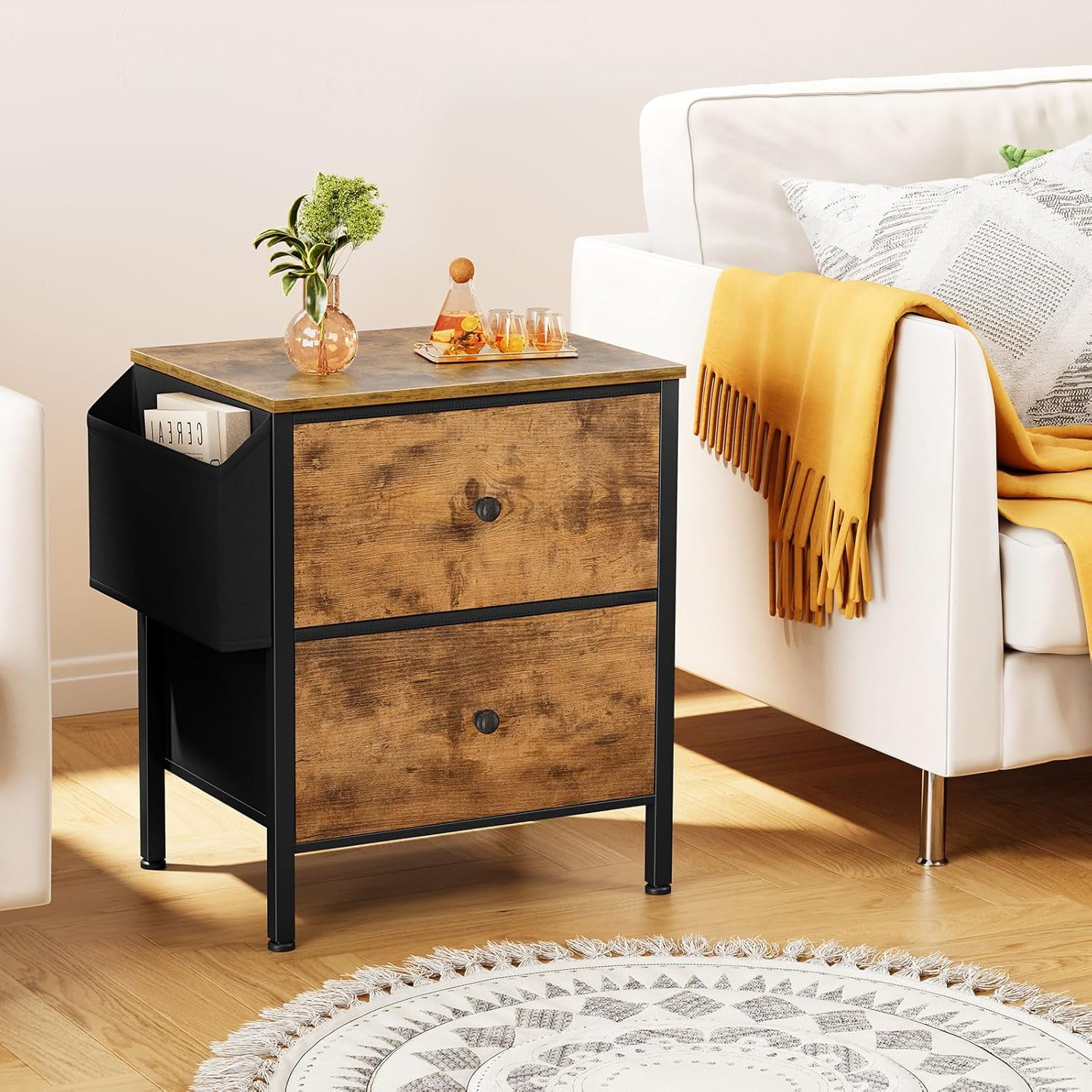 Nightstands Set of 2 with Drawers, Small Night Stand with Pocket 2 ...