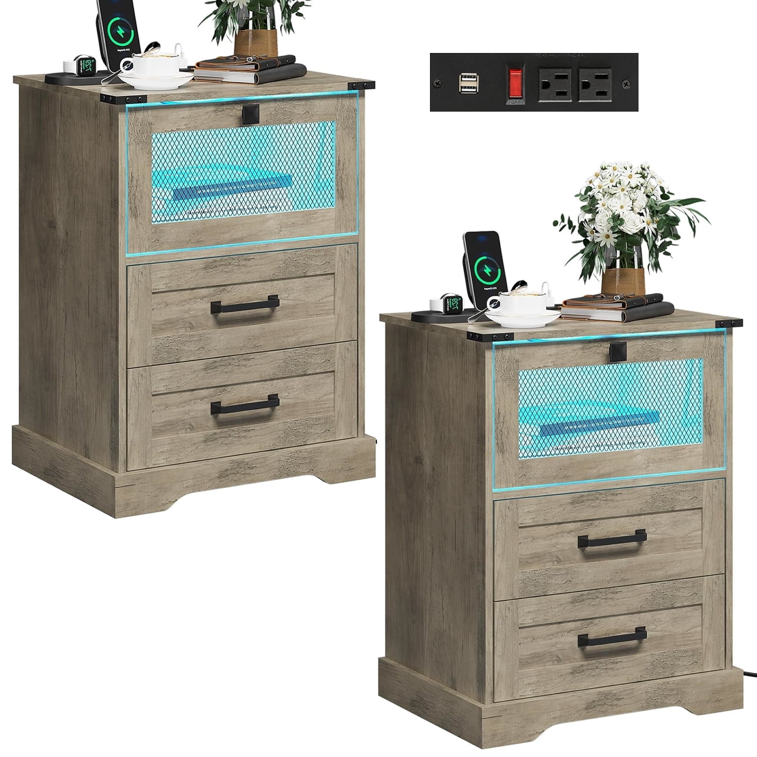 Nightstands Set of 2 with USB Ports & Power Outlets,Farmhouse Bedside ...