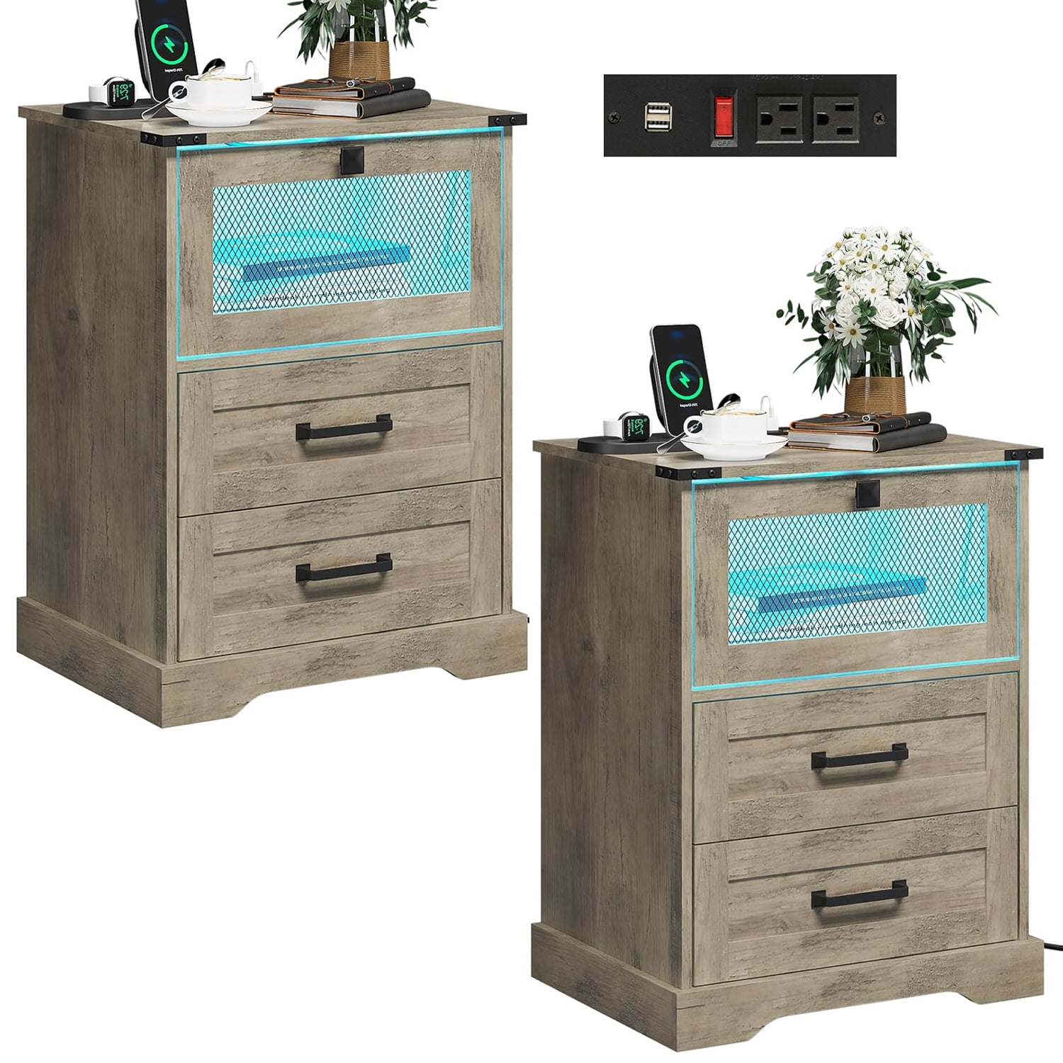 Nightstands Set of 2 with USB Ports & Power Outlets,Farmhouse Bedside ...