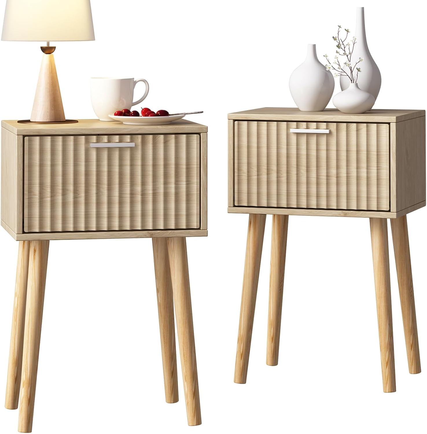 Nightstands , Small Side Table, Bedside Table with Fluted Door, Solid ...