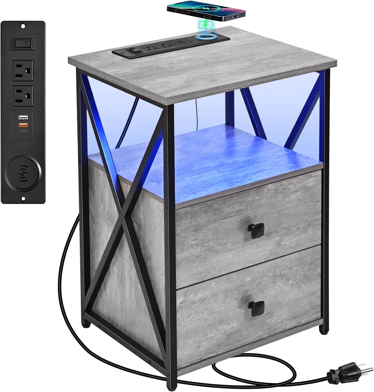 Nightstands with Wireless Charger, Grey Side Tables with Storage, End ...