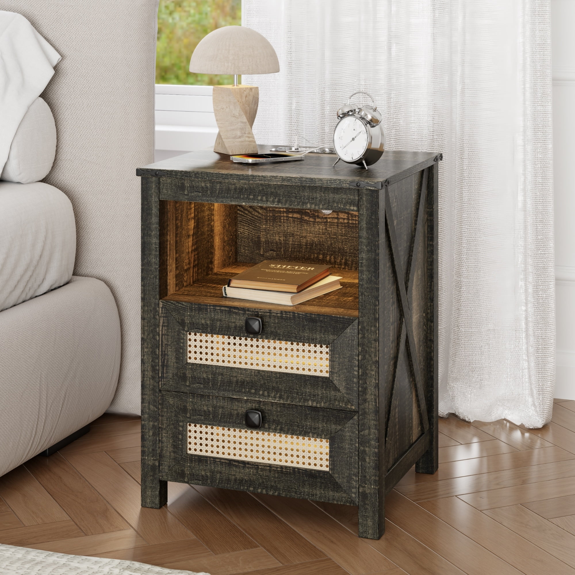 Nightstands With USB Ports and Outlets Dark Oak - Walmart.com