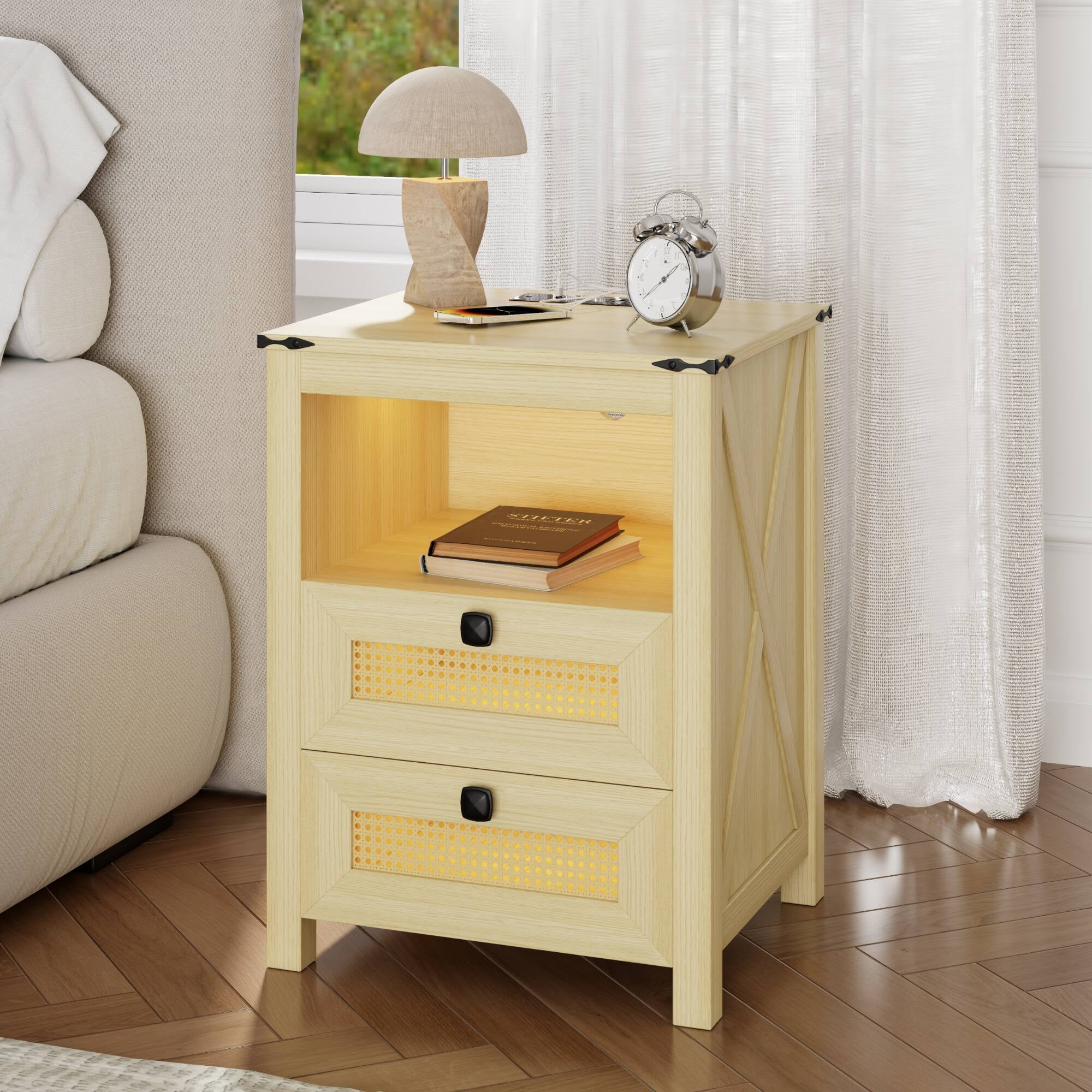 Nightstands With USB Ports and Outlets Natural Maple - Walmart.com