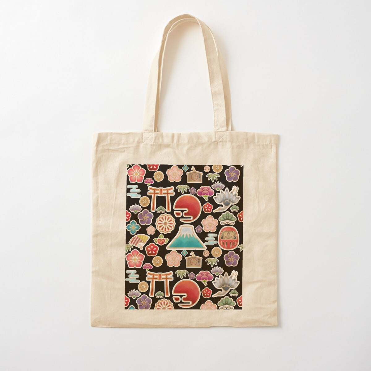Nihon Kuni - Another Plethora Of Japanese Motifs In Watercolor Style On Dark Gray Cotton Tote ...
