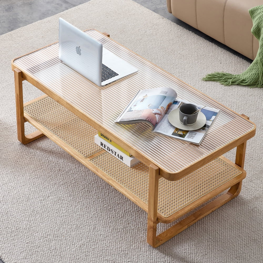 Niiseo Modern simple rectangle double-layer Walnut color solid wood Glass desktop tea table ...