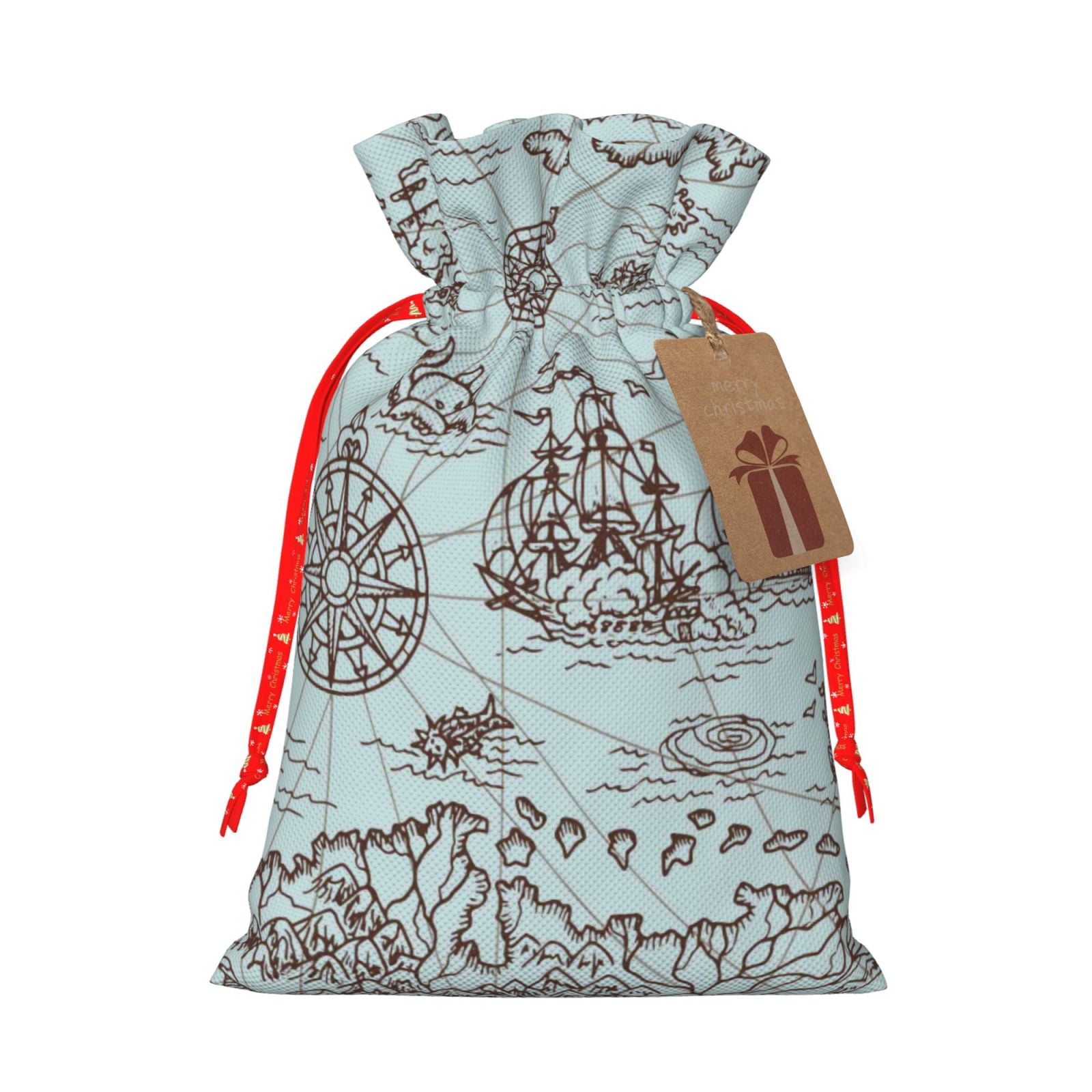 Niiseo Pirate Adventure Map Print Christmas Gift Bag Drawstring Burlap ...