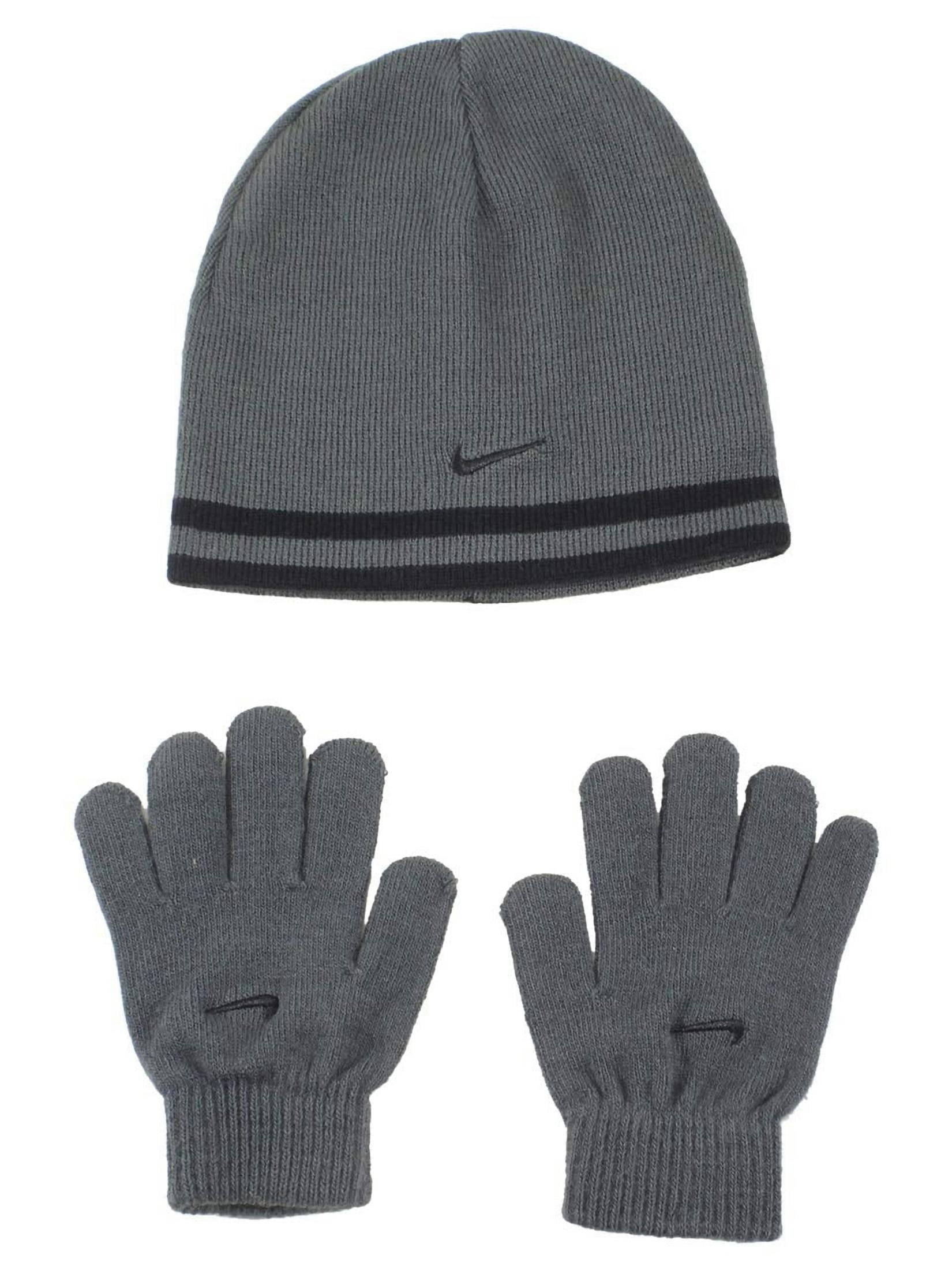 Nike Youth Beanie Hat and Glove Set Grey with Black Stripe One Size ...