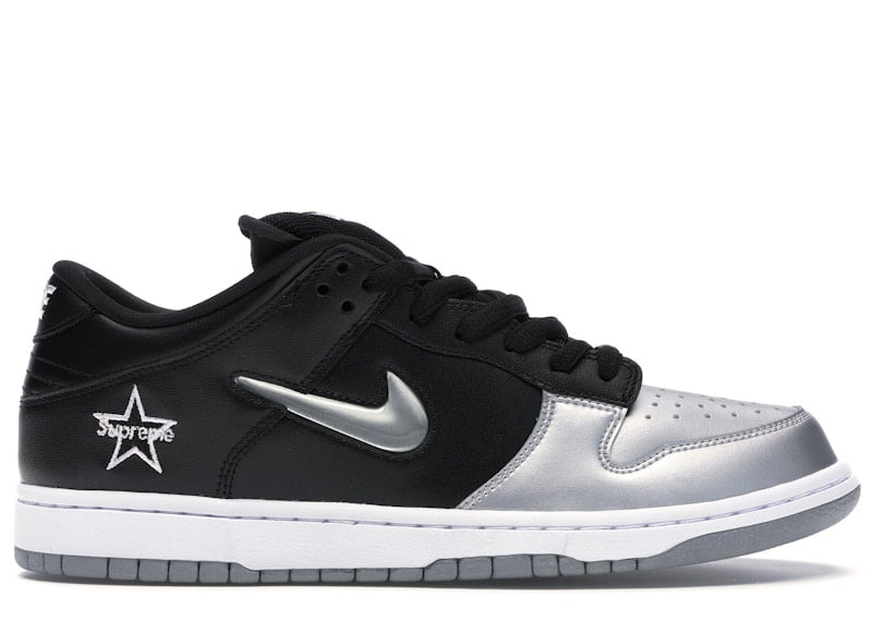 Nike Men's SB Dunk Low Supreme Jewel Swoosh Silver Skateboarding Shoes ...
