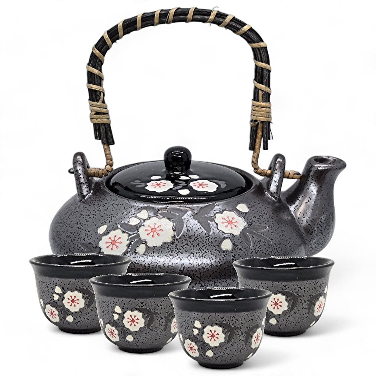 Nikko Collections Teapot & Tea Cups Set Ceramic Black with Floral ...