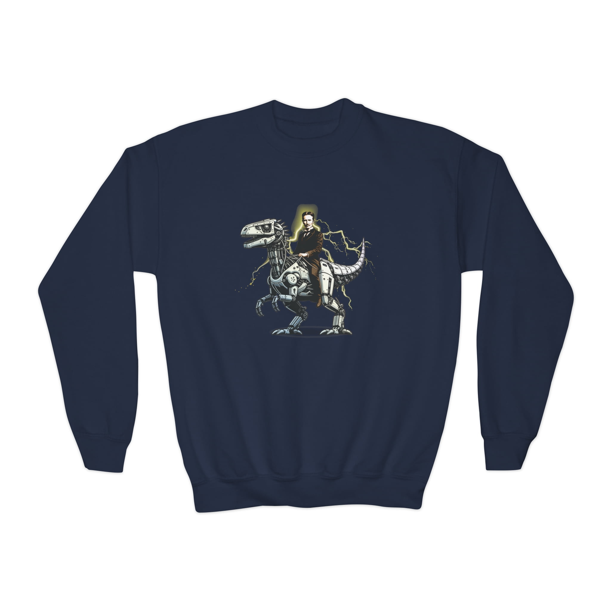 Nikola Tesla Riding a Robot Dinosaur Youth Sweatshirt for Science Kids ...