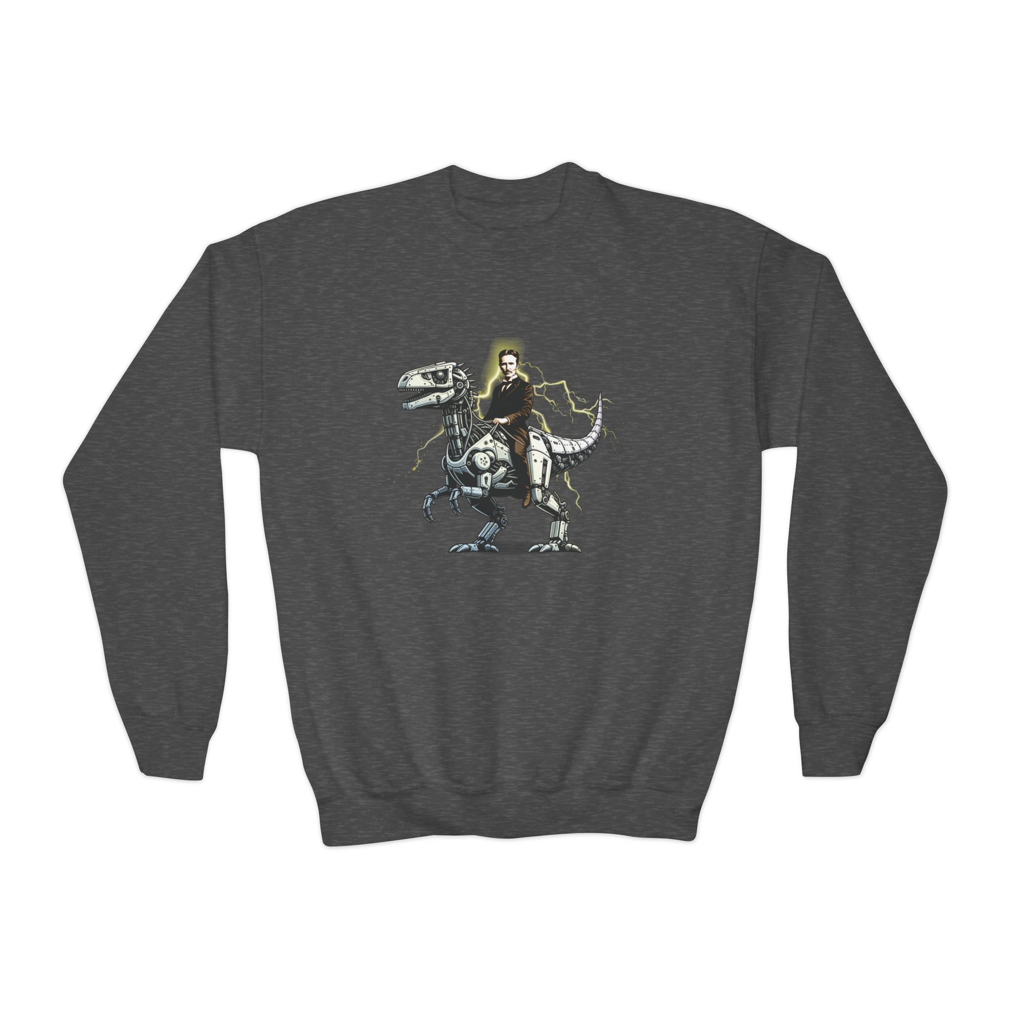 Nikola Tesla Riding a Robot Dinosaur Youth Sweatshirt for Science Kids ...