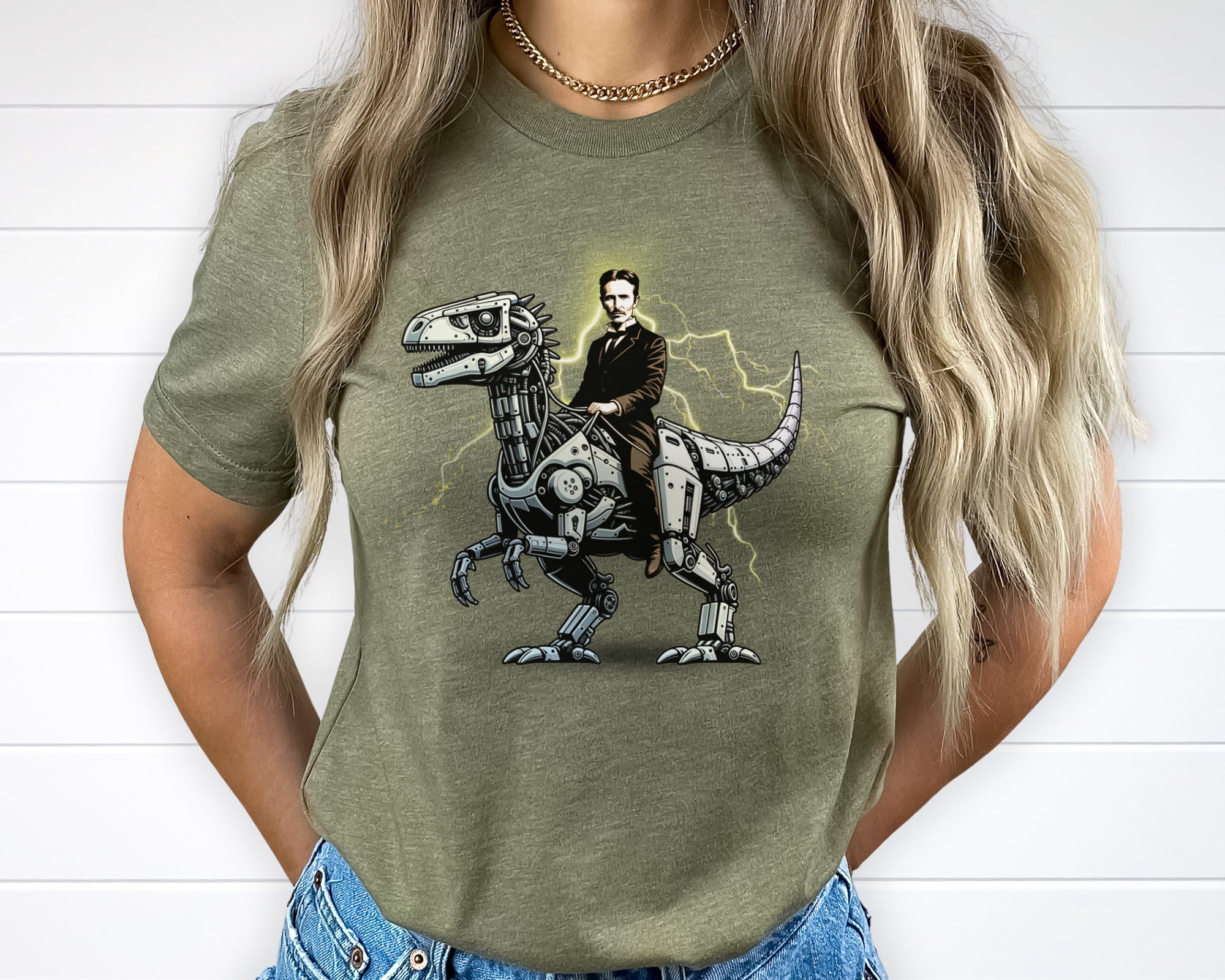 Nikola Tesla on a Robot Dinosaur Shirt, Gift for a Science Teacher ...