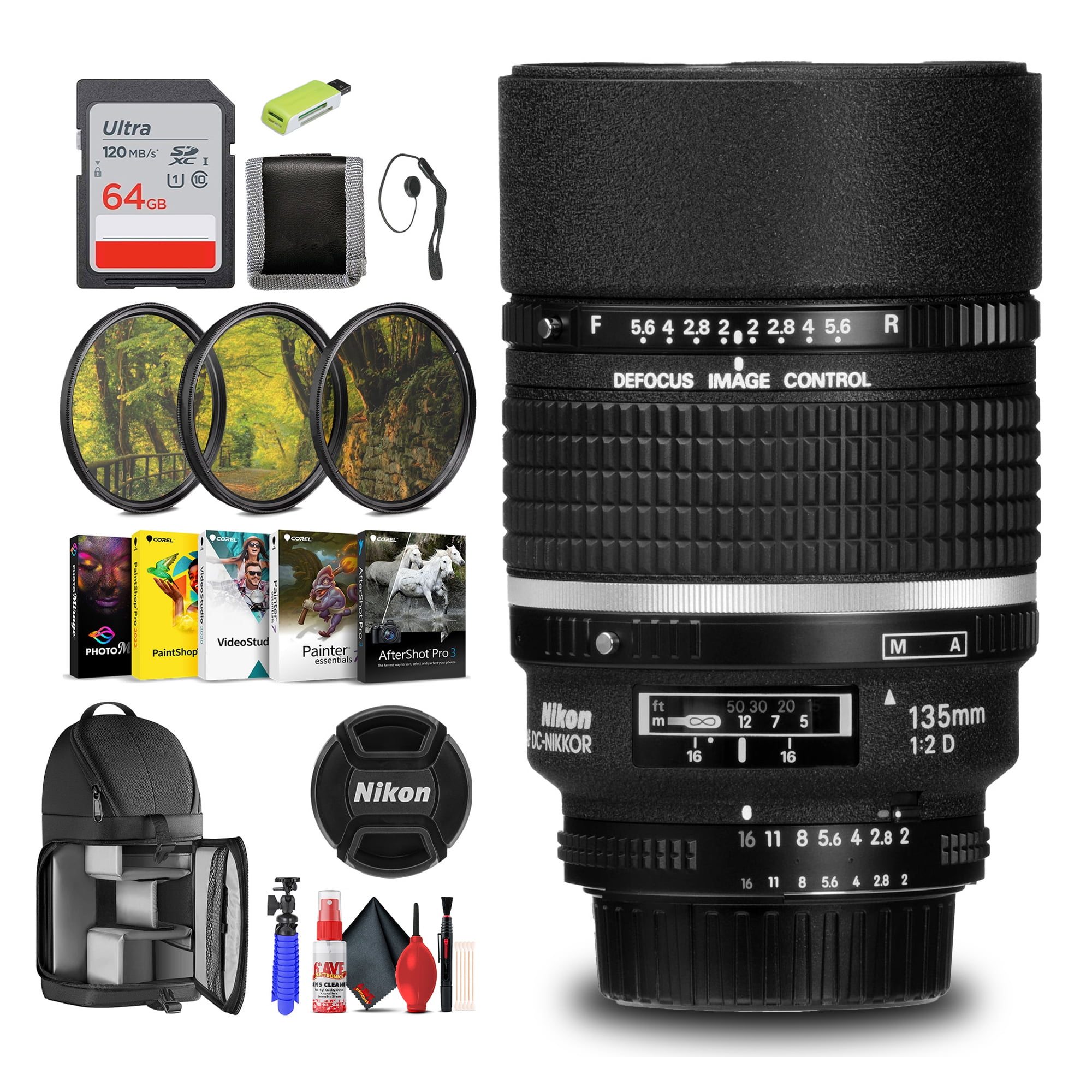 Nikon AF DC-NIKKOR 135mm f/2D Portrait Lens for FX-Format DSLR Cameras (1935) + 64GB Memory Card ...