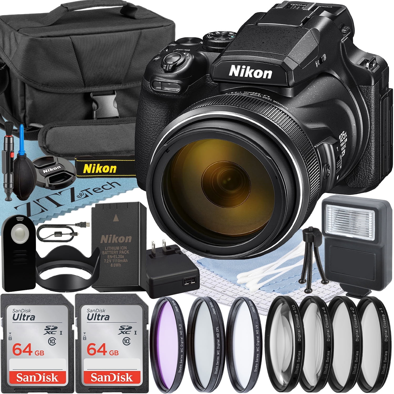 Nikon COOLPIX P1000 WIFI Digital Camera with 64GB Memory Card, Case, Filter Kit, Flash ...