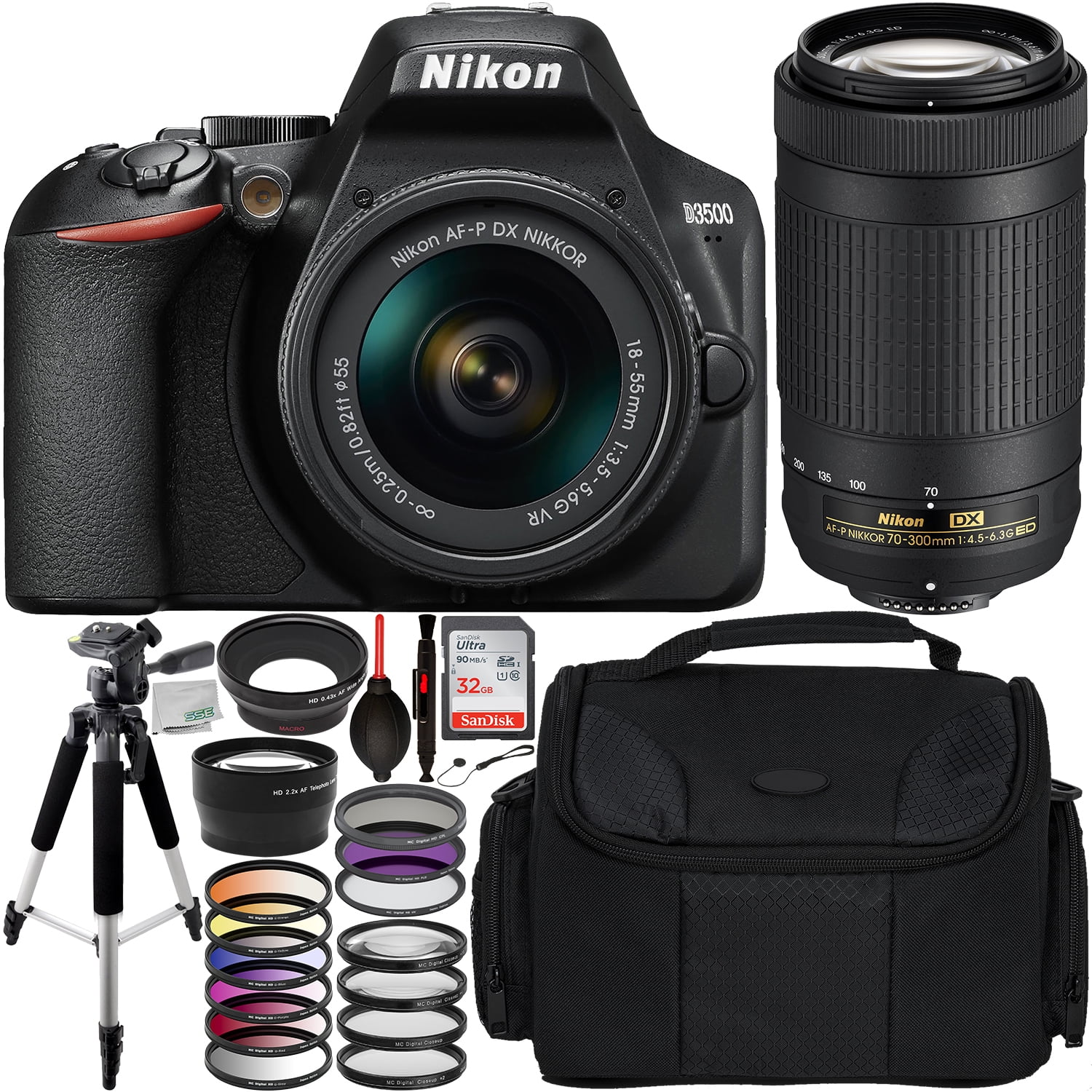 Nikon D3500 DSLR Camera with 18-55mm & 70-300mm Lenses & 12PC Accessory ...