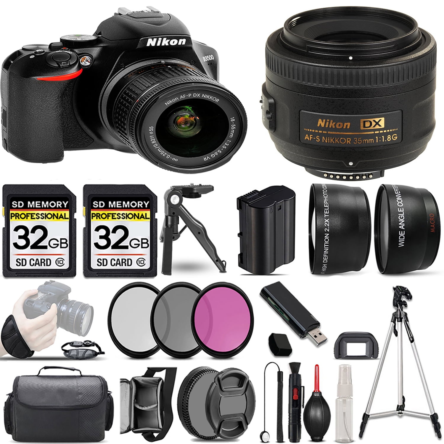 Nikon D3500 DSLR Camera Bundle: 18-55mm Lens, 35mm f/1.8 G Lens, 3 PC ...
