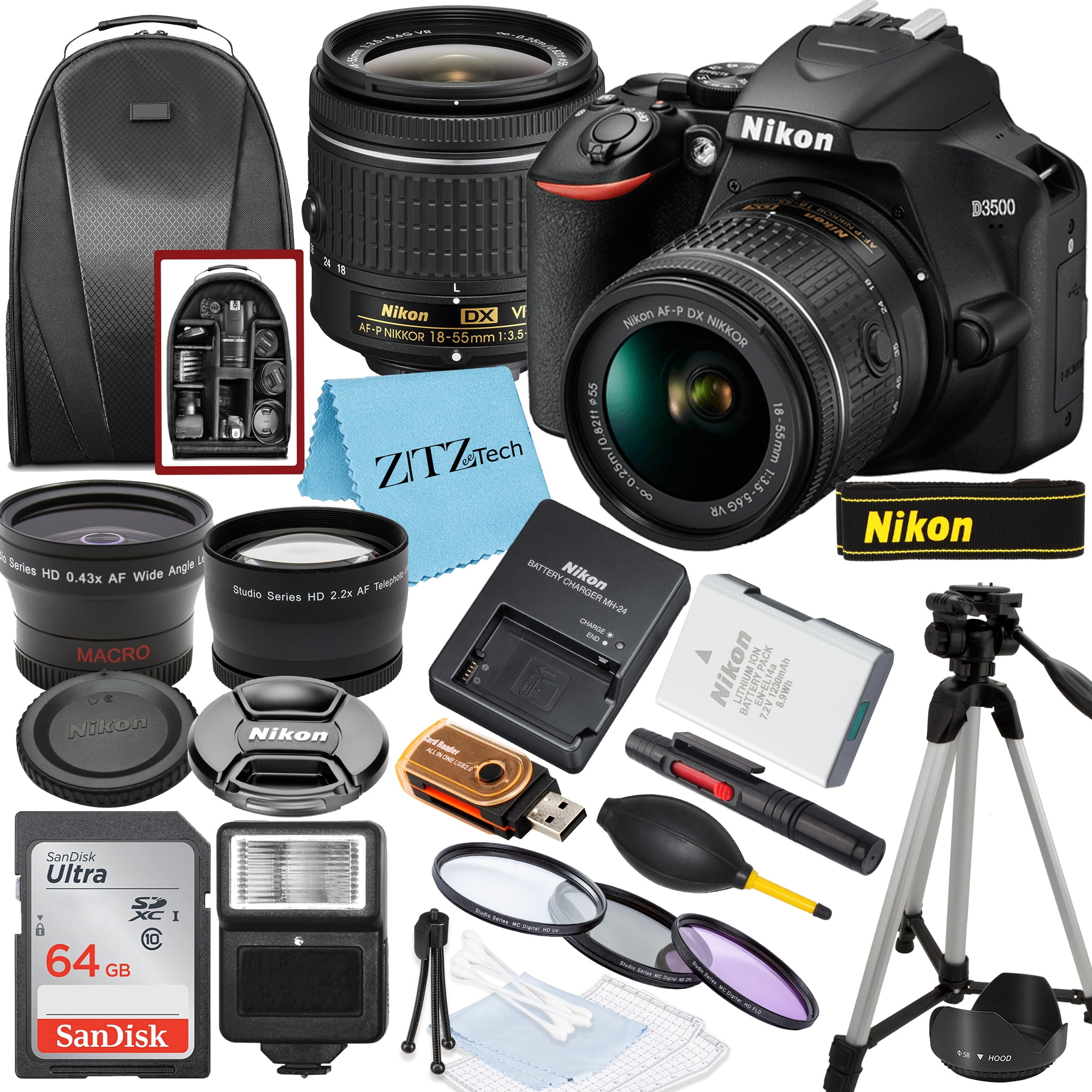 Nikon D3500 DSLR Camera with NIKKOR 18-55mm Lens, 64GB Memory, Tripod ...