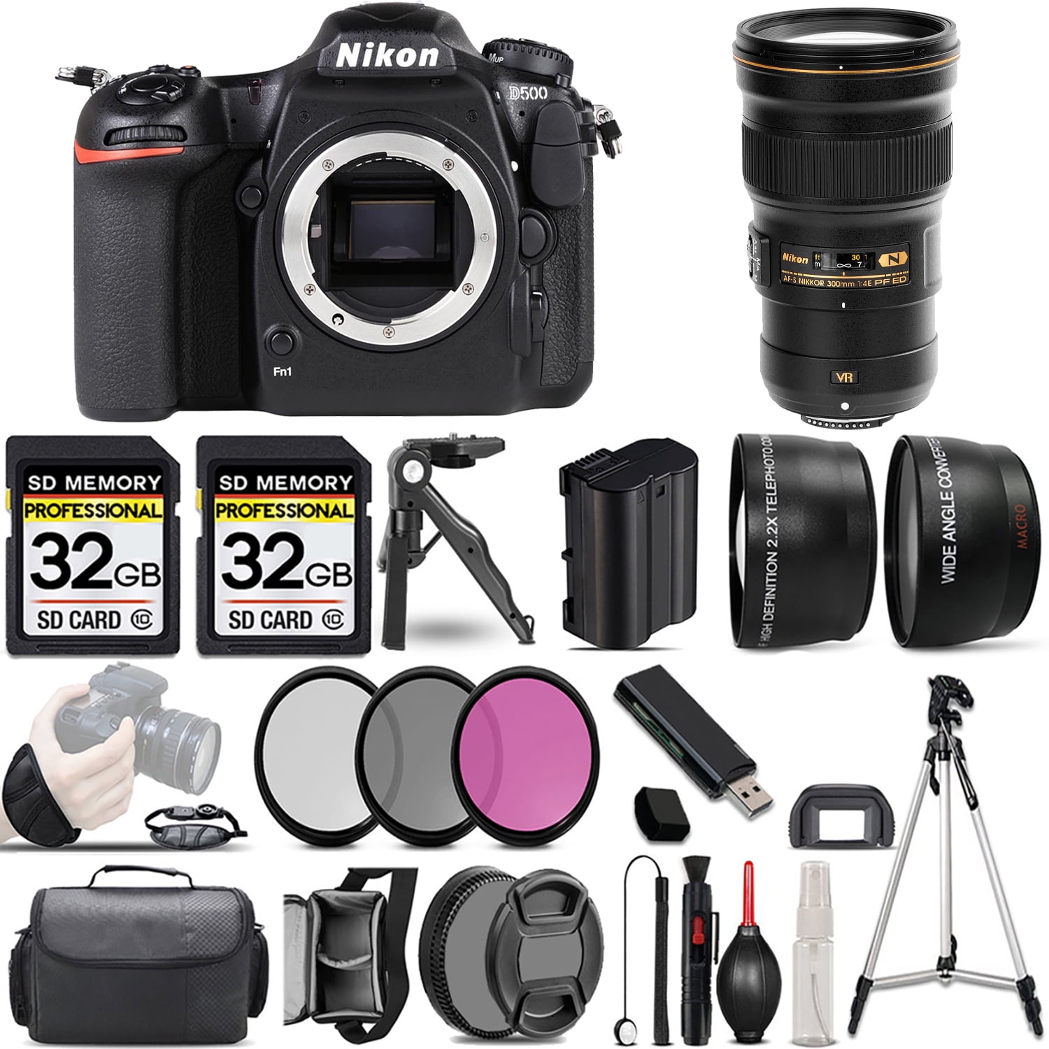 Nikon D500 DSLR Camera +300mm f/4E PF ED VR Lens +3 PC Filter +64GB ...
