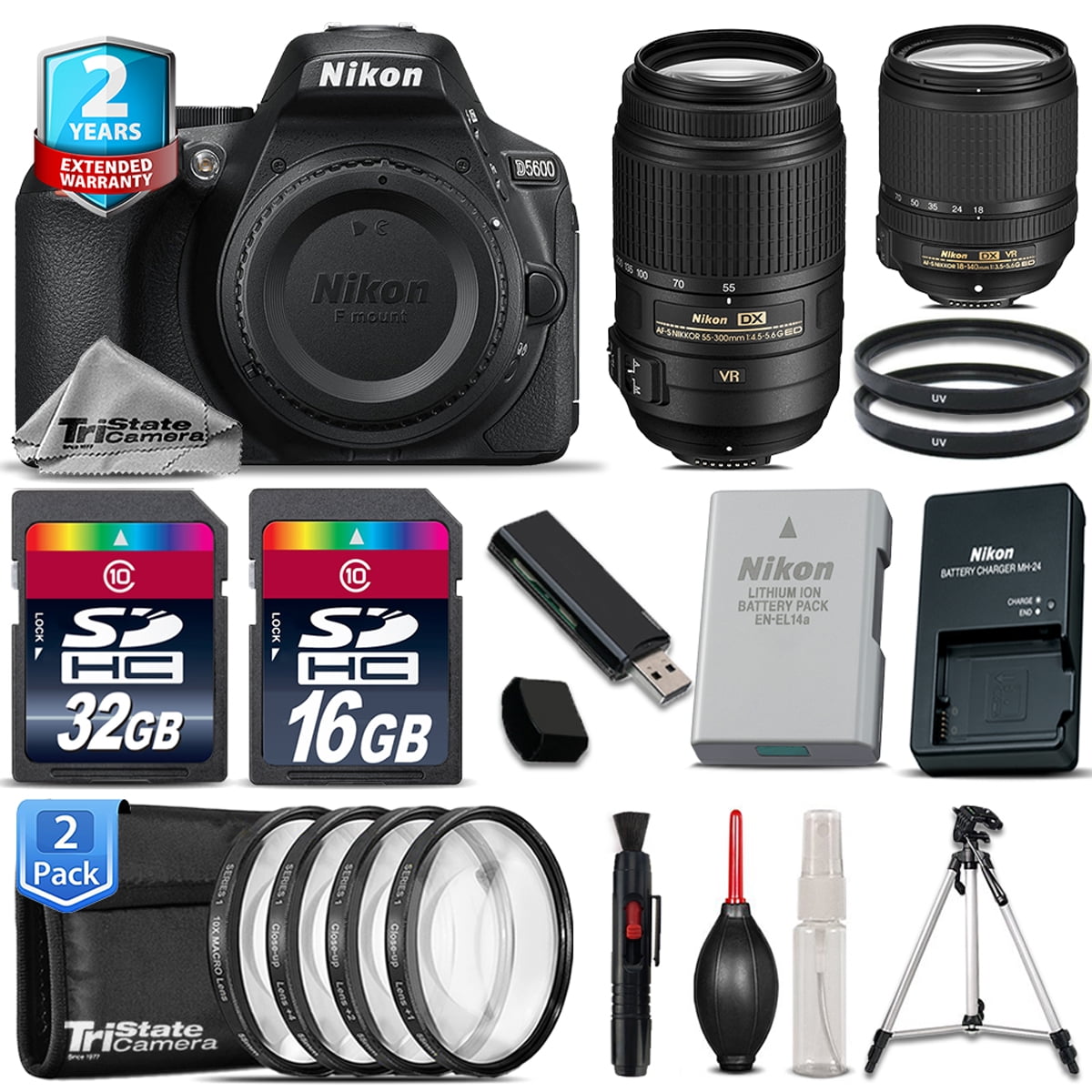Nikon D5600 DSLR + AFS 18-140mm VR Lens + AFS 55-300mm VR + 4PC Macro ...