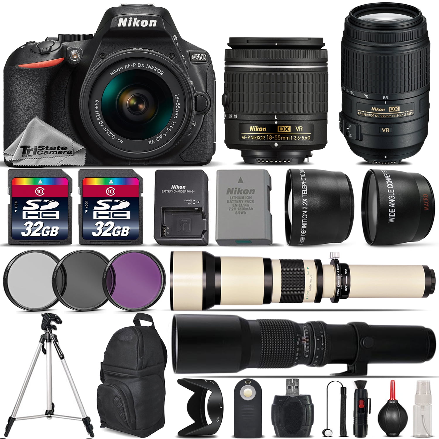 Nikon D5600 DSLR Camera + 18-55mm VR Lens + 55-300mm VR Lens + 650 ...