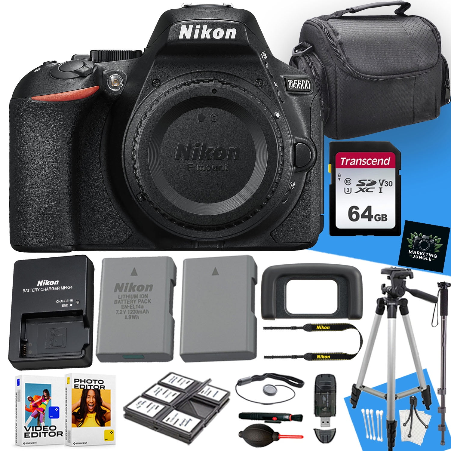 Nikon D5600 DSLR Camera (Body Only) + 64 GB Memory + Tripod + Monopod ...