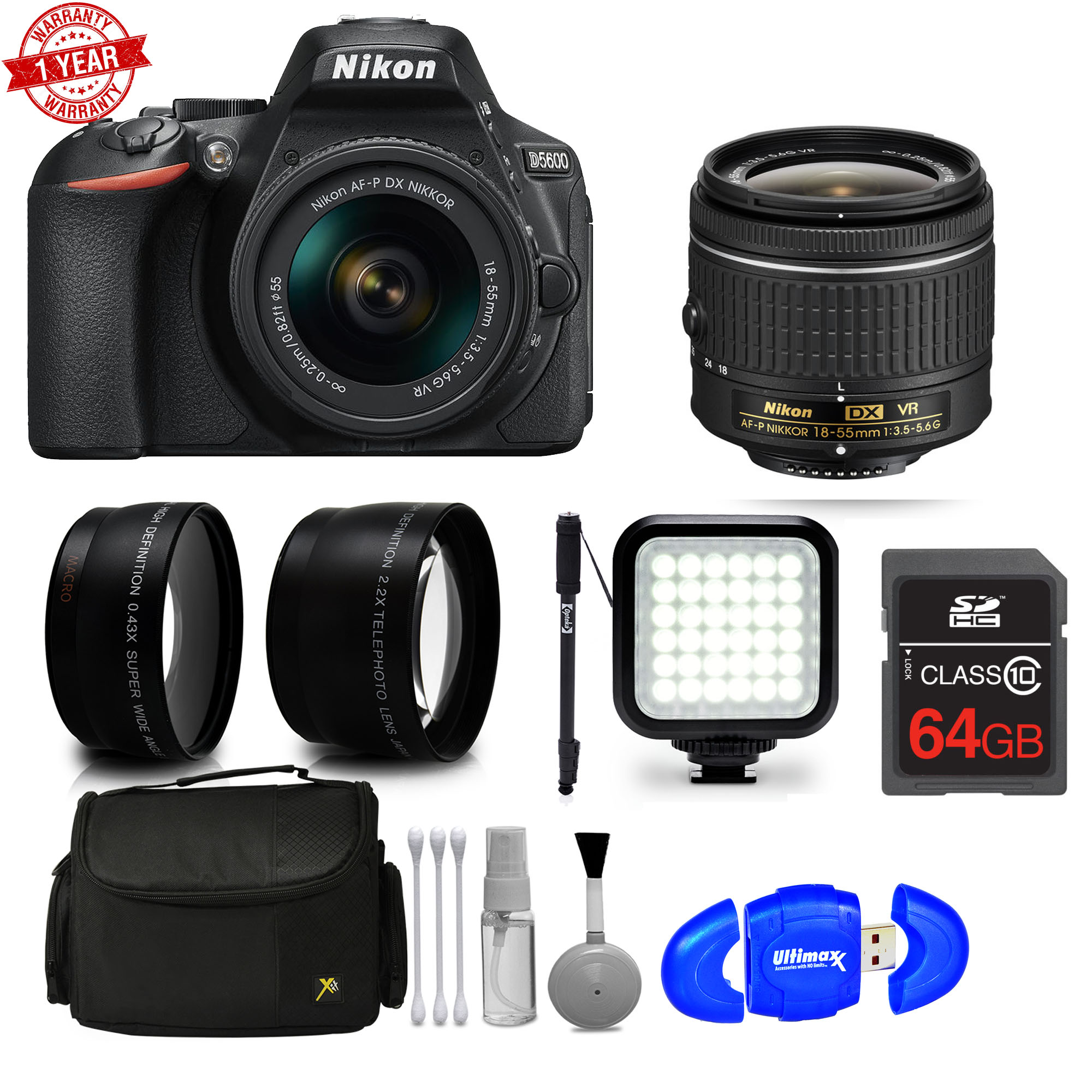 Nikon D5600 DSLR Camera with 18-55mm Lens w/ 64GB MC + Additional ...