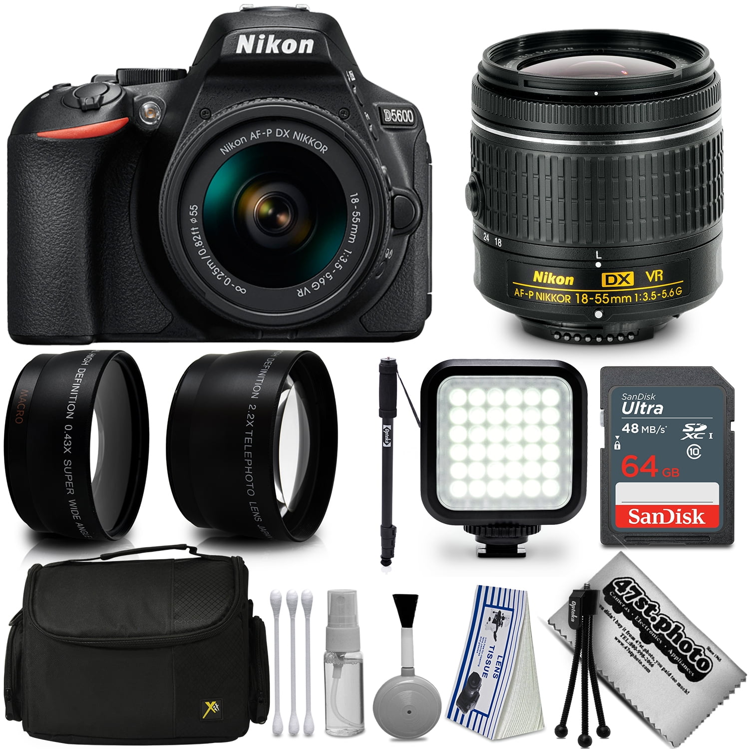 Nikon D5600 Digital SLR Camera Black with AF-P 18-55mm + 64 GB + Video ...