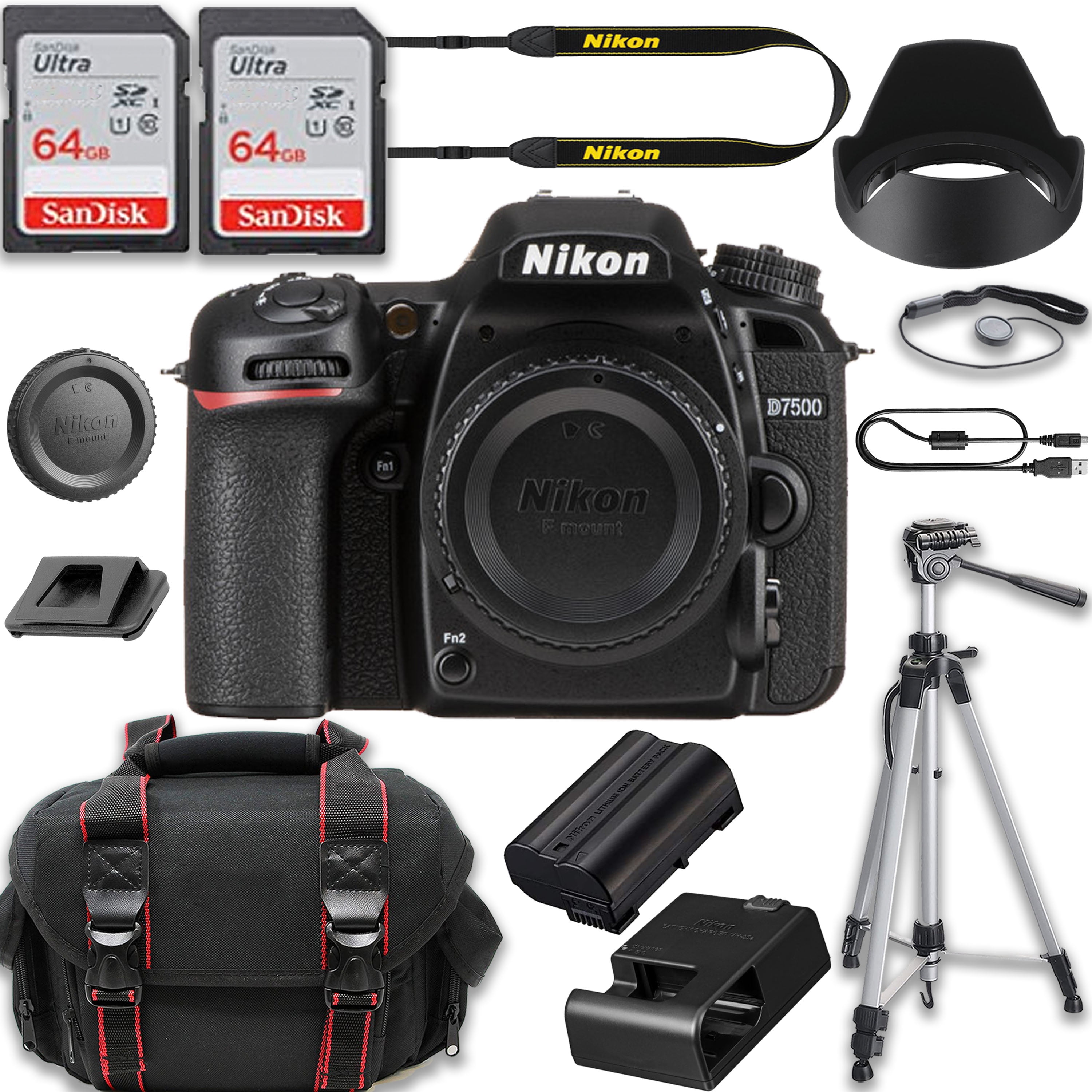 Nikon D7500 Digital DSLR Camera Body, 2X 64GB Memory Cards, Case ...