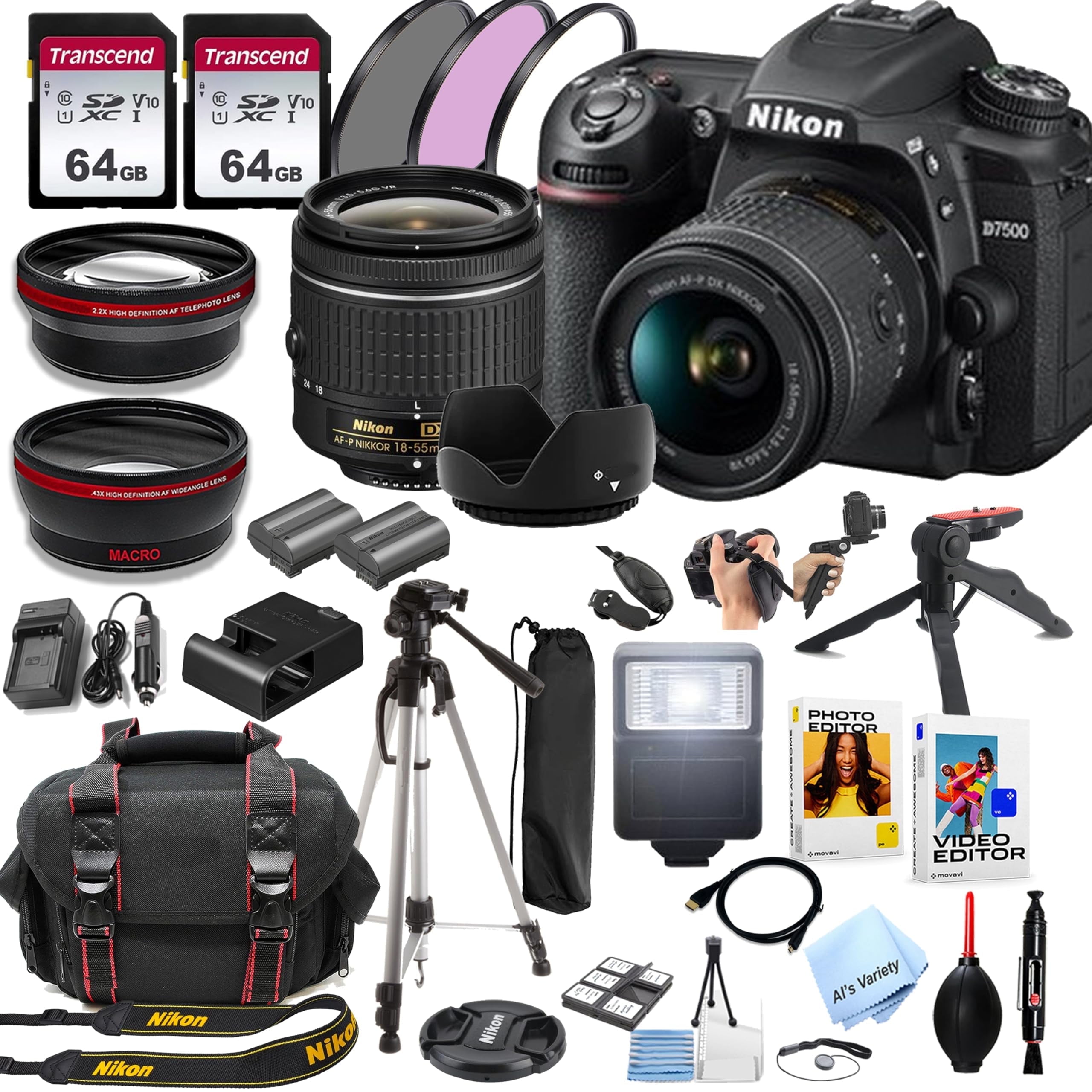 Nikon D7500 DSLR Camera Kit with 128GB Memory, Spare Battery, Filters ...