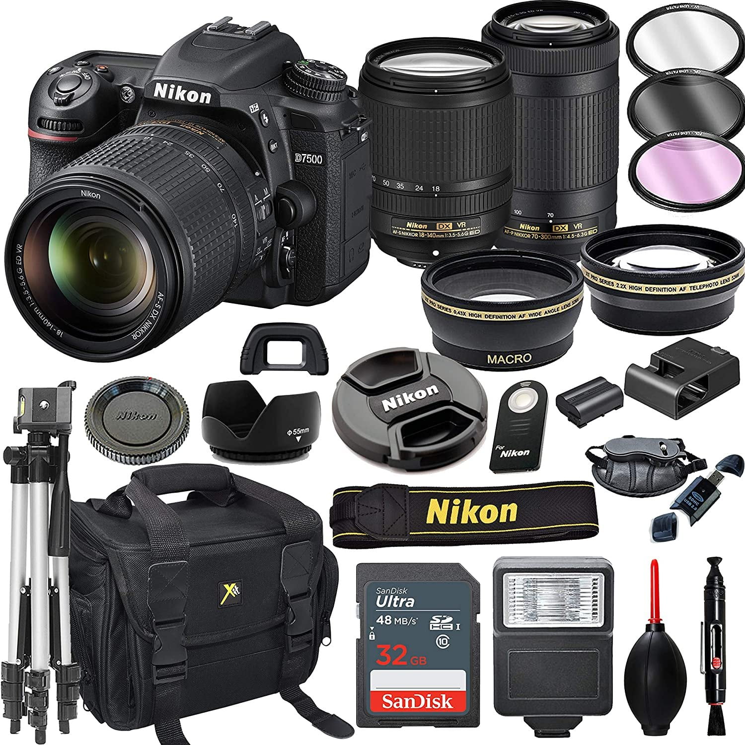 Nikon D7500 DSLR Camera with 18-140mm and 70-300mm VR Lenses, 32GB Card ...