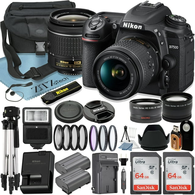 Nikon D7500 DSLR Kit with 18-55mm Lens, 2x 64GB Cards, Case, Tripod ...