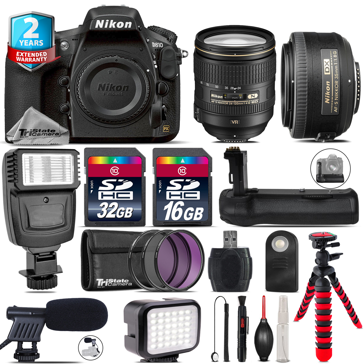 Nikon D810 DSLR Camera + AFS 24-120mm VR + 35mm f/1.8 + LED Kit + Flash ...