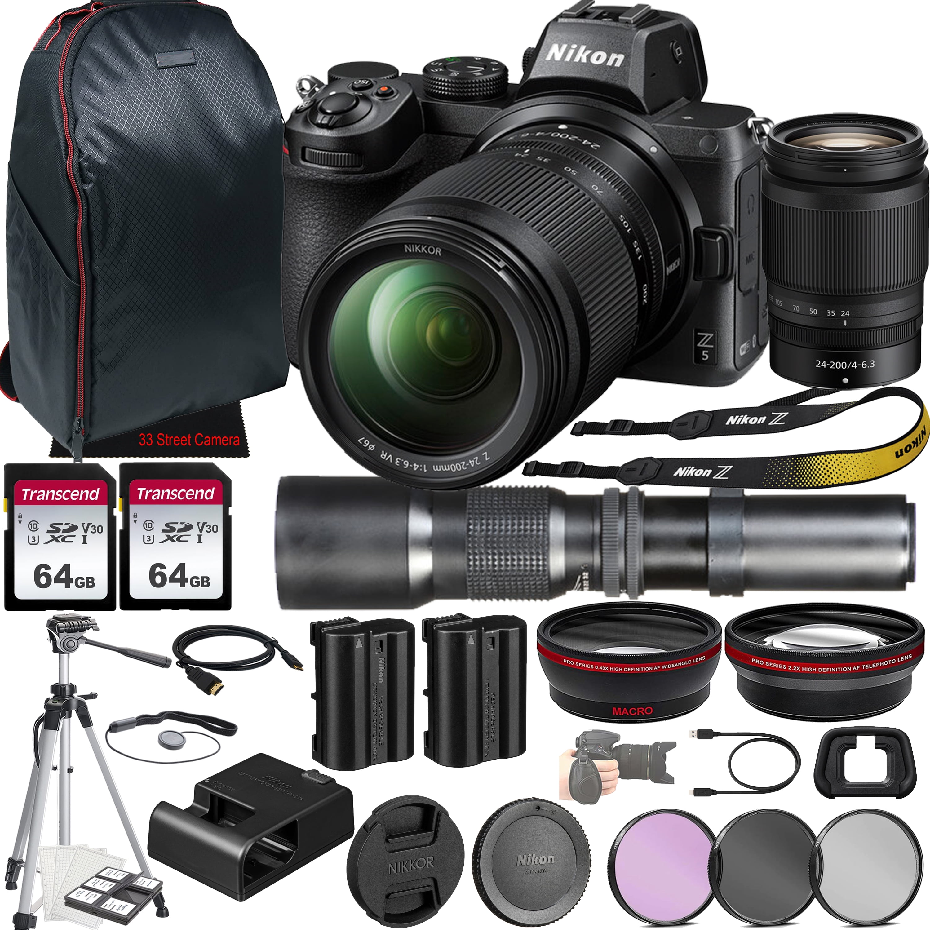 Nikon Z5 Mirrorless Camera w/NIKKOR Z 24-200mm f/4-6.3 VR Lens + 500mm f/8 Focus Lens + Tripod ...