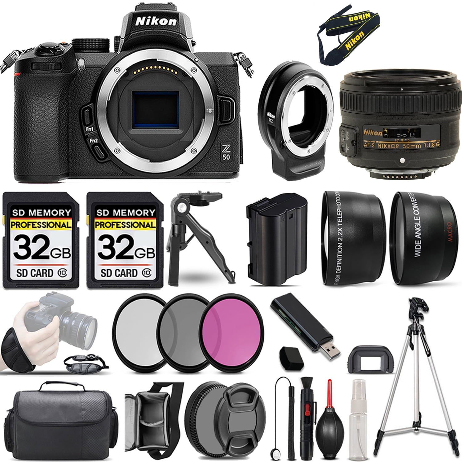 Nikon Z50 Mirrorless Camera +50mm f/1.8 Lens +FTZ Adapter+ 3 PC Filter ...