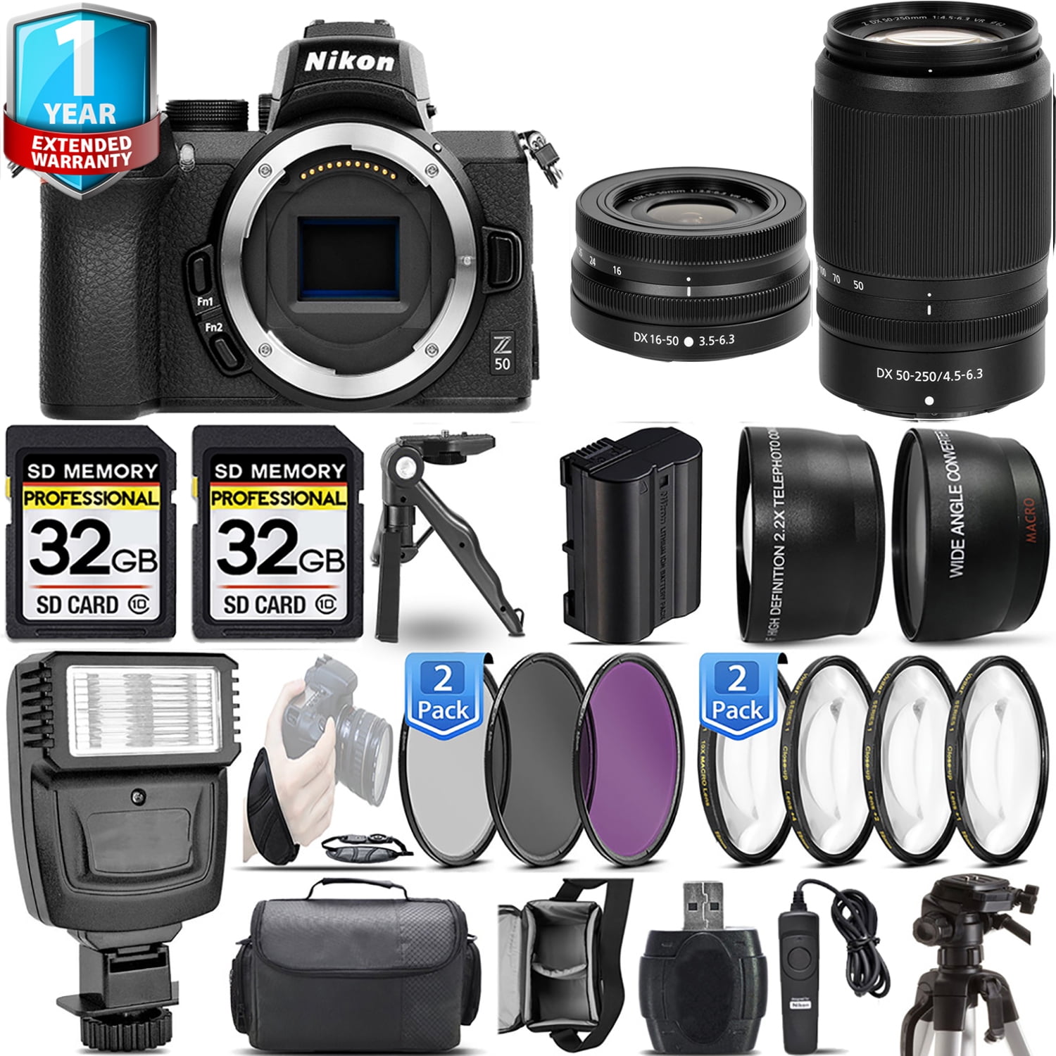 Nikon Z50 Mirrorless Camera, Wide Angle Lenses, 50-250mm+16-50mm Lens ...
