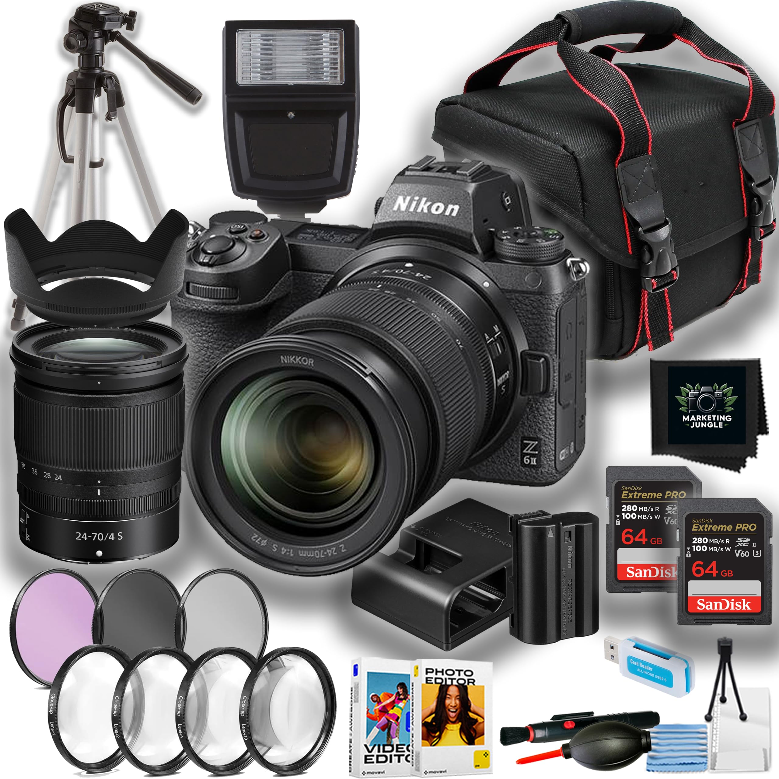 Nikon Z6 II Mirrorless Camera with 24-70mm f/4 Lens + 2pc SanDisk 64GB ...
