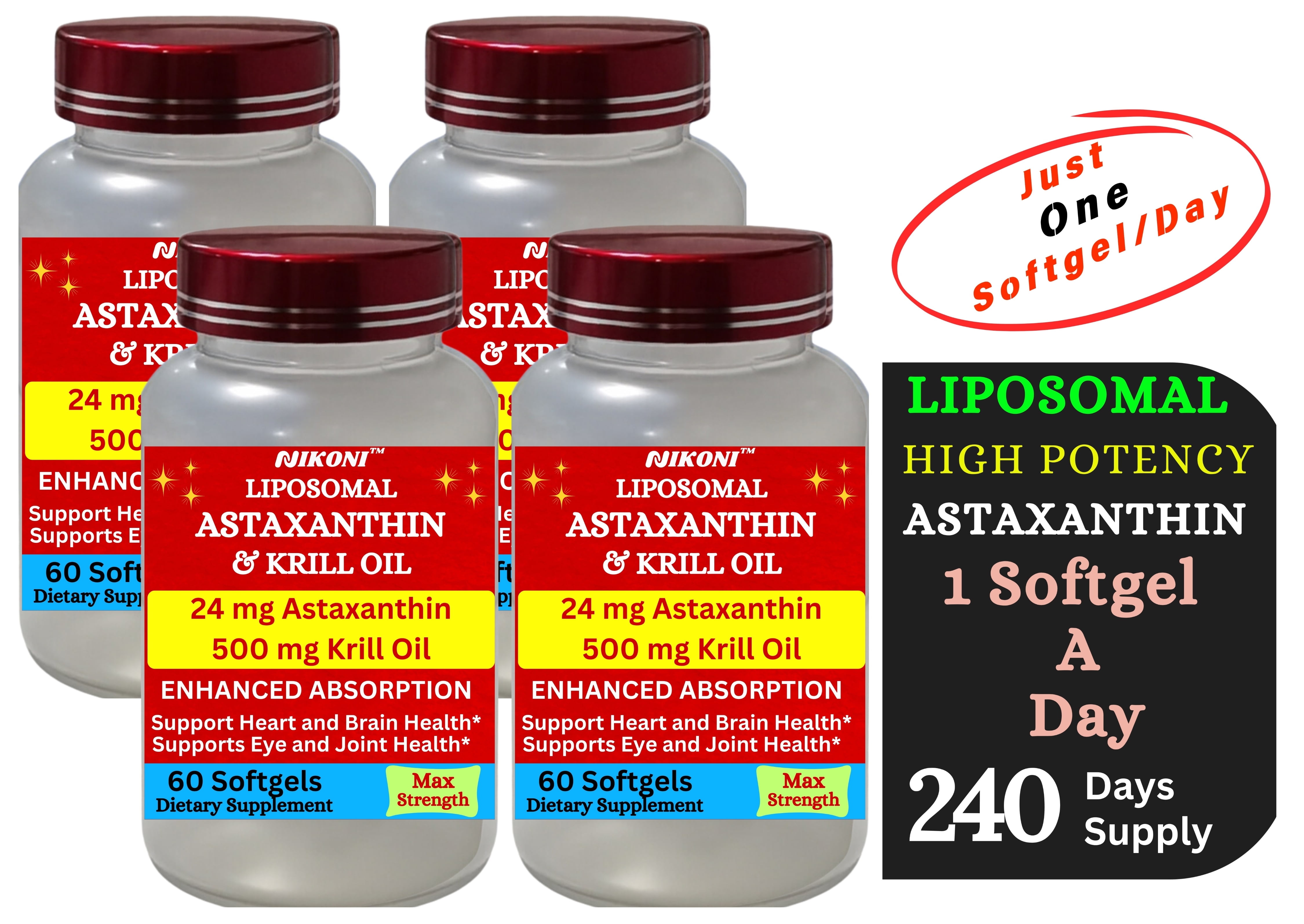 Nikoni Astaxanthin & Krill Oil Supplement Joint & Heart Health, 240 Max ...