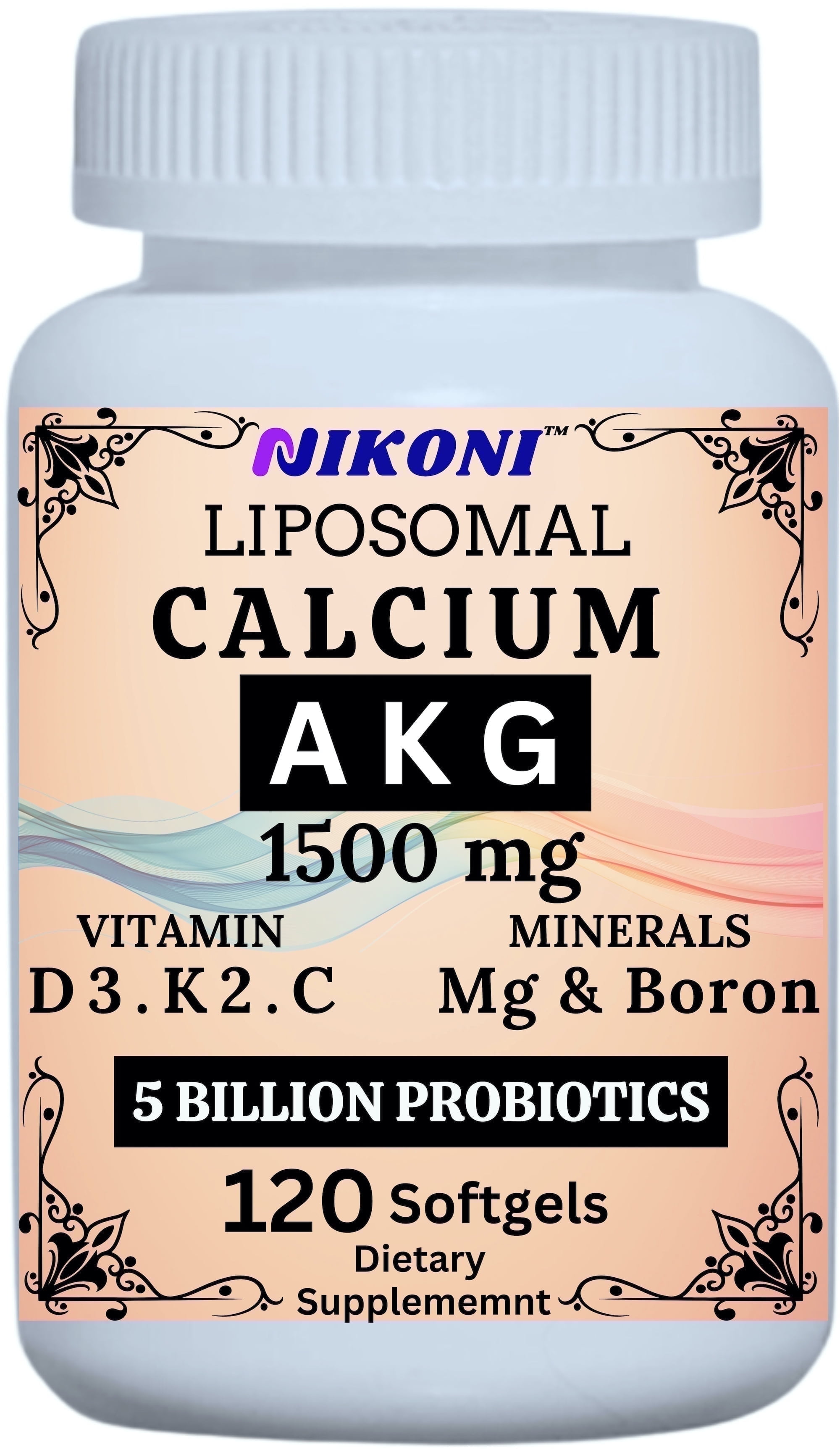 Nikoni Liposomal Calcium AKG Supplement, 1500 mg with Vitamins D3, K2 ...
