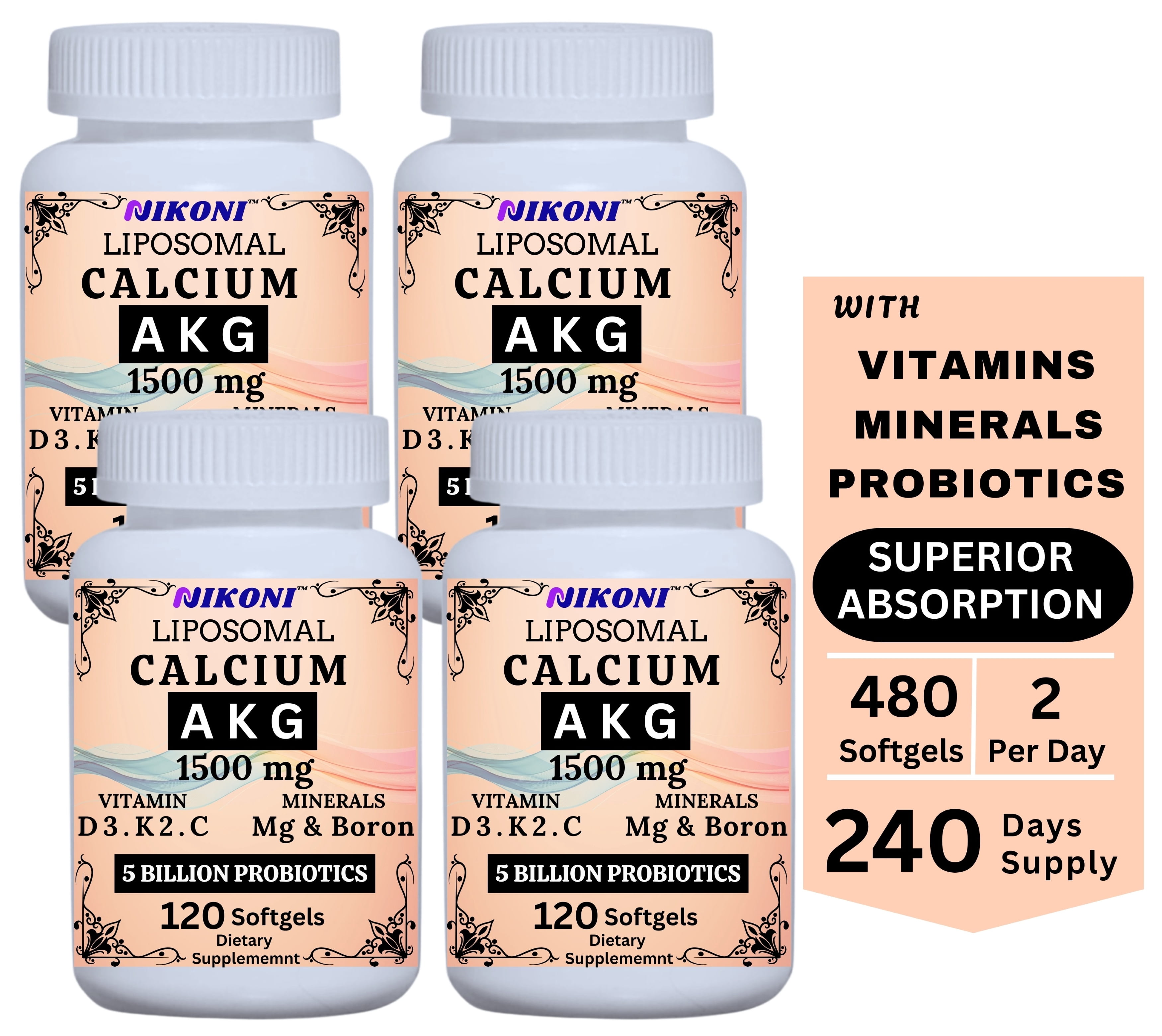 Nikoni Liposomal Calcium AKG Supplement 1500mg with Probiotics ...