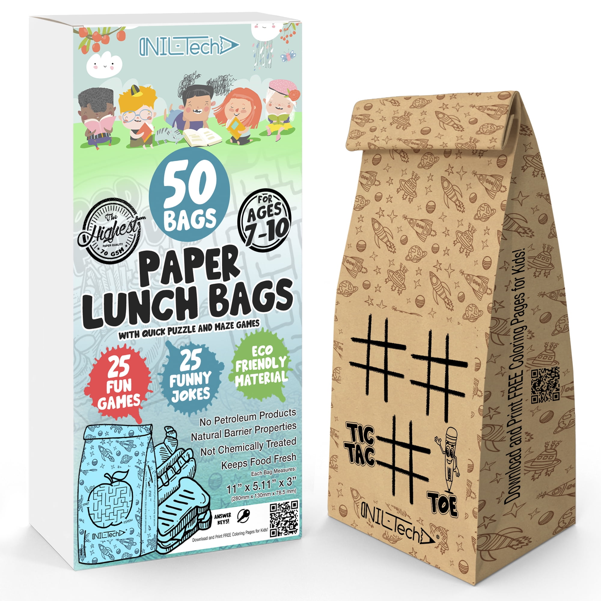 Nil Tech Brown Paper Lunch Bags for Kids with Game and Jokes Snack Bags ...