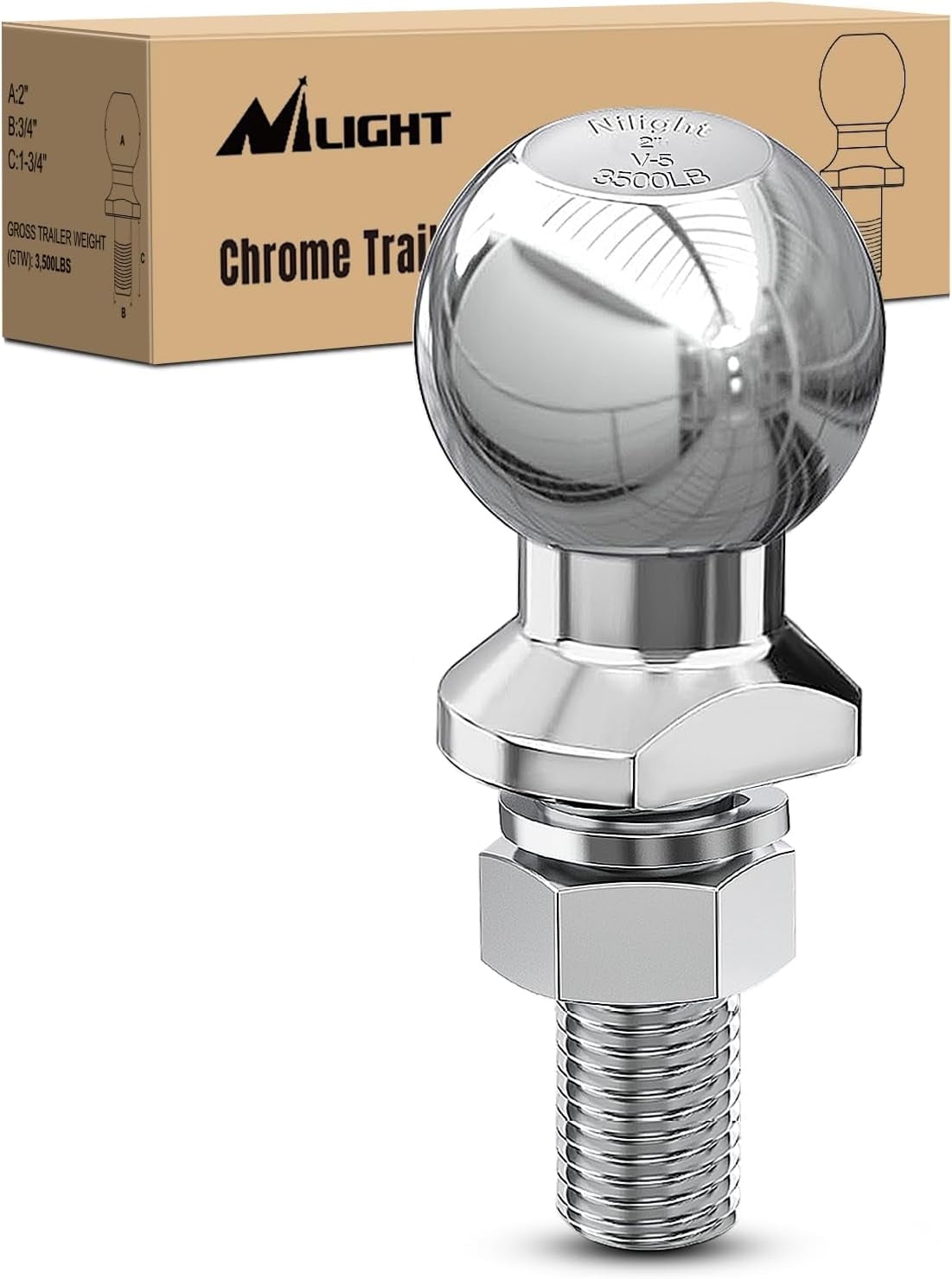 Nilight 1-7/8-Inch Diameter Chrome Trailer Hitch Ball, 2,000 lbs, 1 x 1 ...
