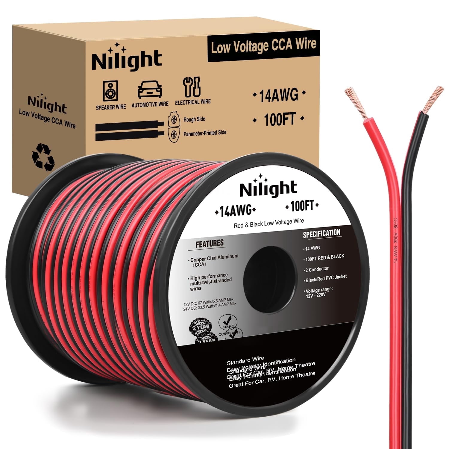 Nilight 100FT 14AWG Copper Clad Aluminum Wire 14/2 Gauge Red Black CCA ...