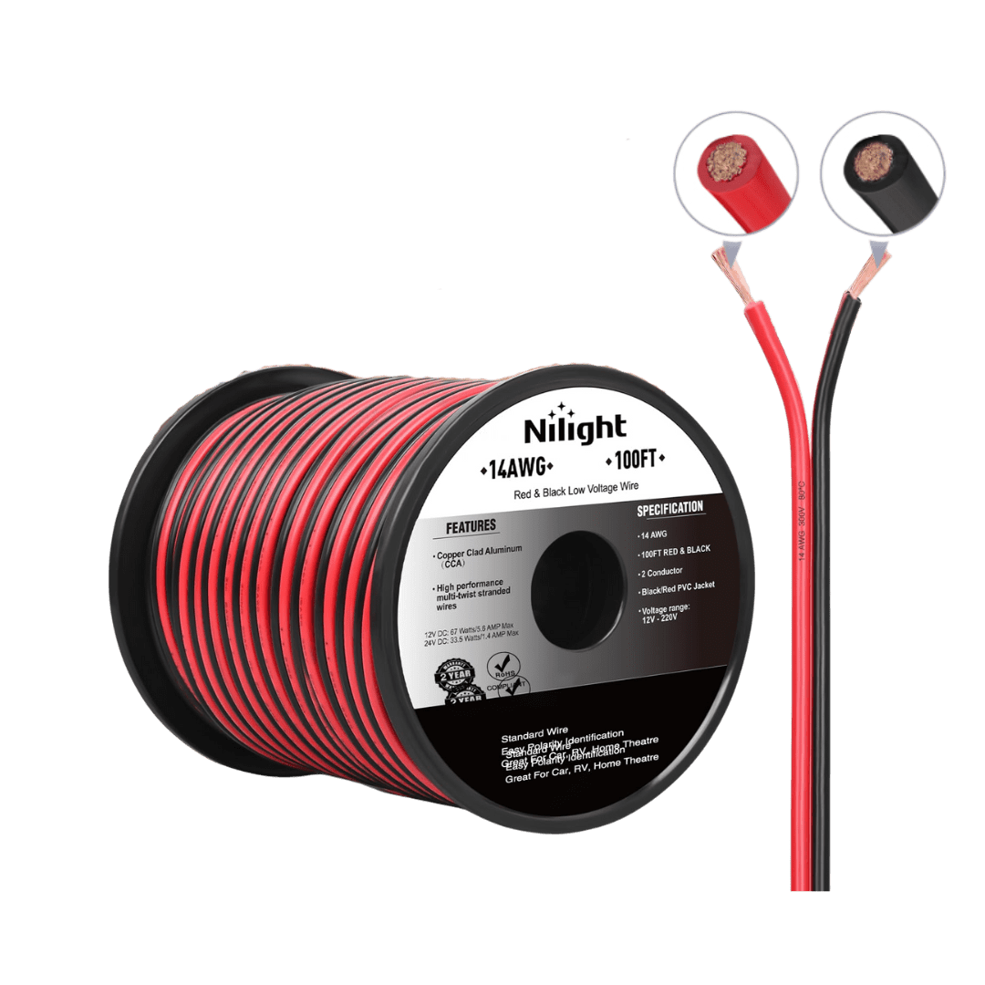 Nilight 100FT 14AWG Copper Clad Aluminum Wire 14/2 Gauge Red Black CCA ...