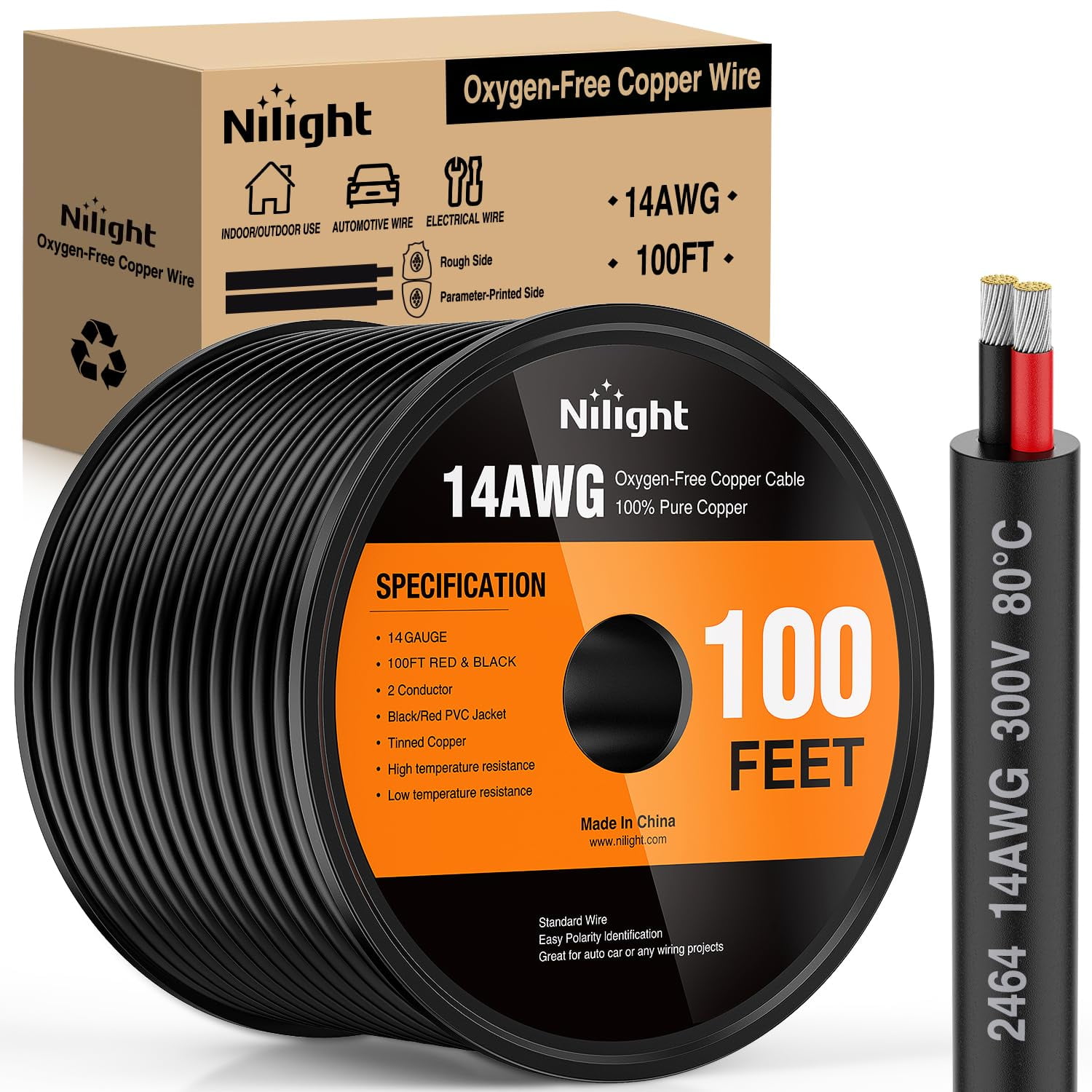 Nilight 100FT 14AWG Oxygen-Free Copper Wire Red Black Electrical Wire ...