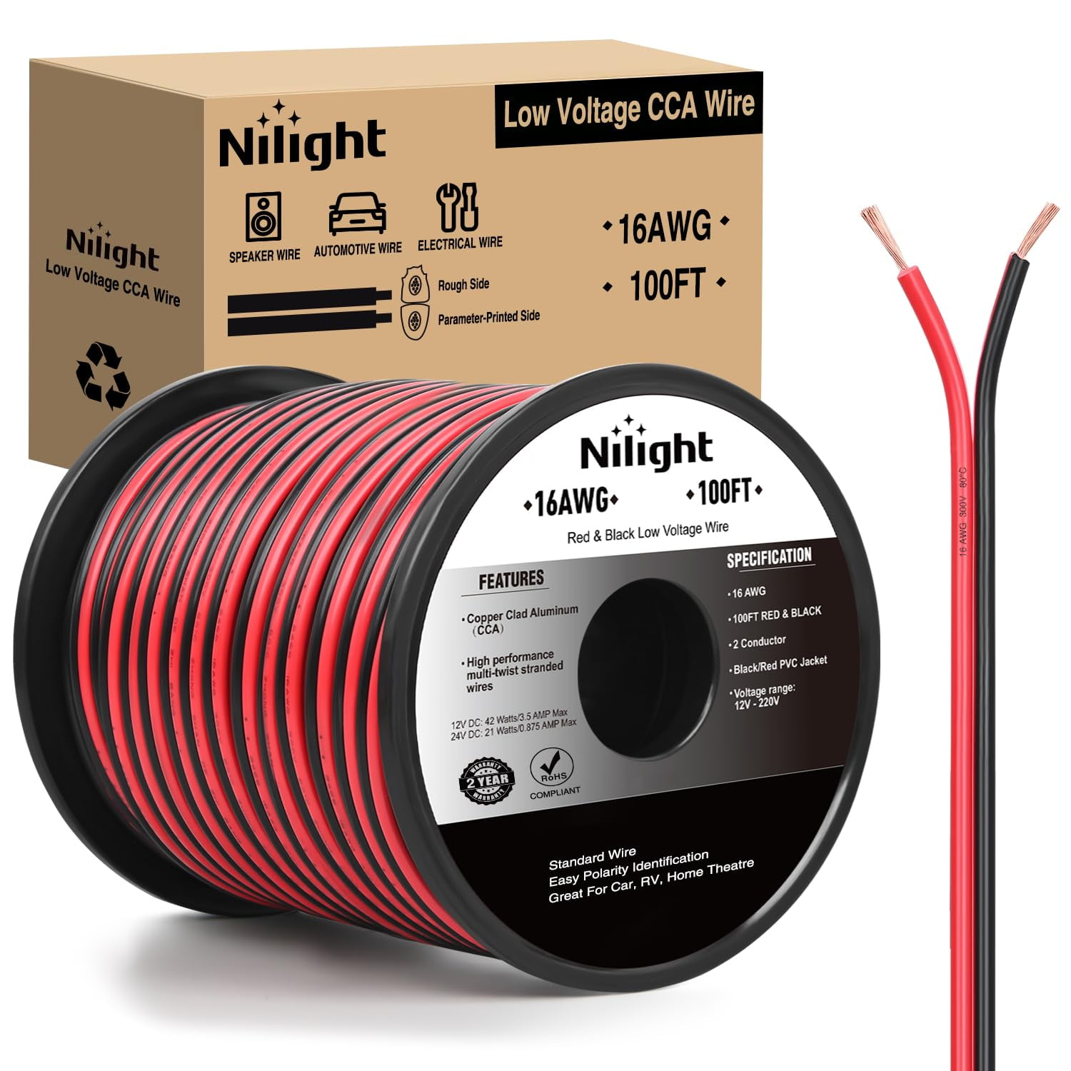 Nilight 100FT 16AWG Copper Clad Aluminum Wire 16/2 Gauge Red Black CCA ...