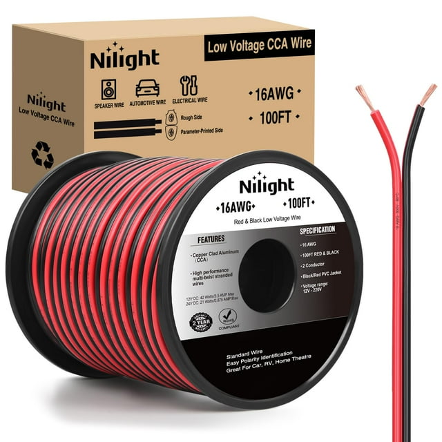 Nilight 100FT 16AWG Copper Clad Aluminum Wire 16/2 Gauge Red Black CCA Electrical Cable 2 ...