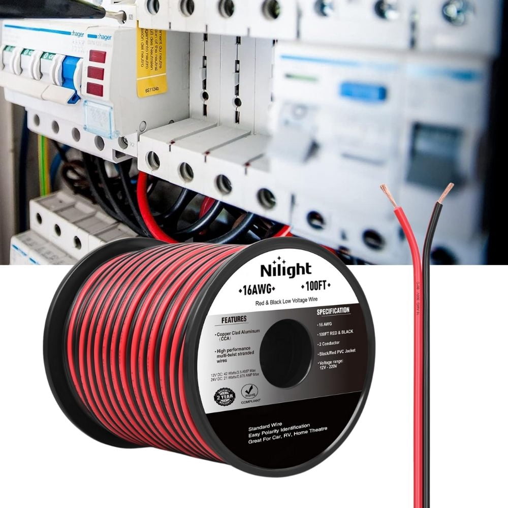 Nilight 100FT 16AWG Copper Clad Aluminum Wire 16/2 Gauge Red Black CCA ...