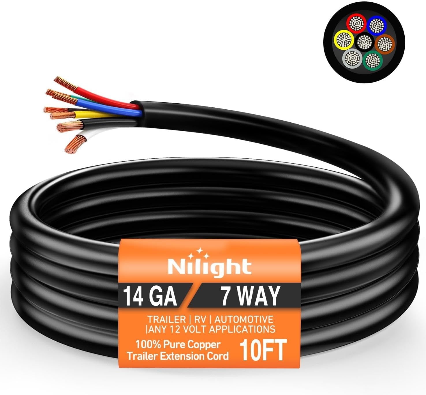 Nilight 10 Feet 7 Way Trailer Extension Cable RV Standard Wire 14 Gauge ...