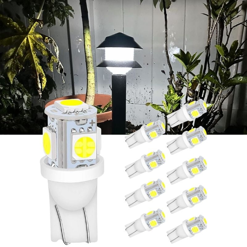 10Pcs White LED Replacements for Malibu Landscape Light 5 Led/Smd Per Bulb 194 T10 T5 Wedge Base ...