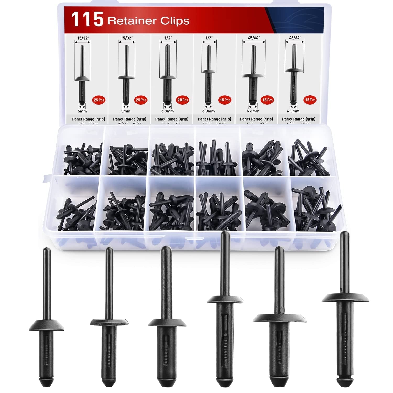 Nilight 115Pcs 6 Sizes Universal Pop Rivet Assortment Rivet Clip Black ...